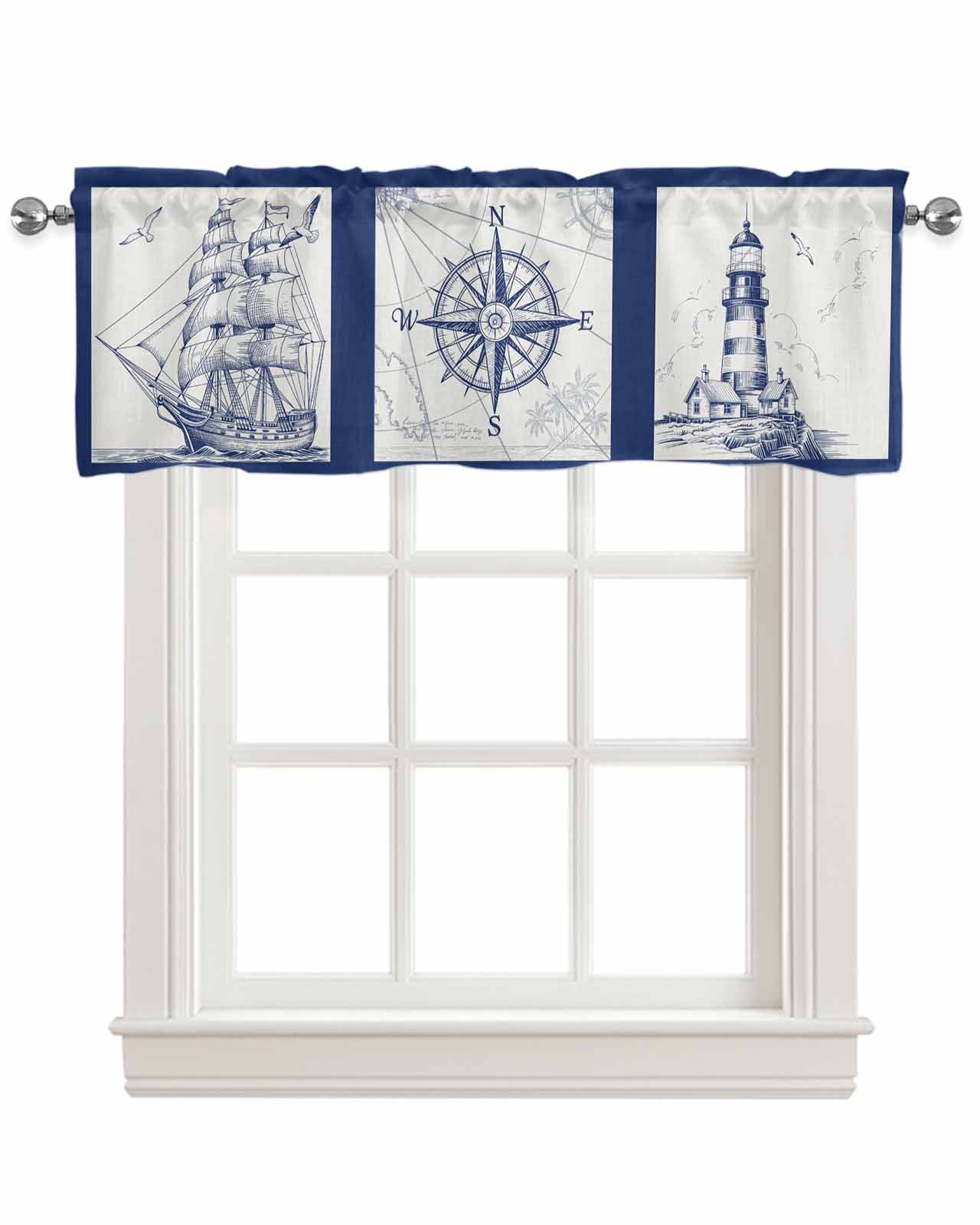 Nautical Navy Kitchen Valances for Windows Farmhouse Linen Window ...