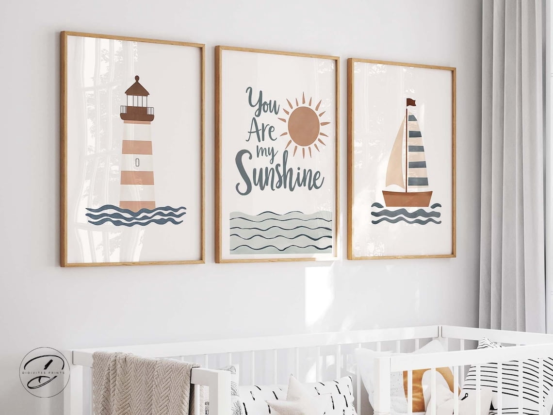 Nautical Nursery Wall Art Lighthouse Sail Boat Prints Ocean Nursery ...