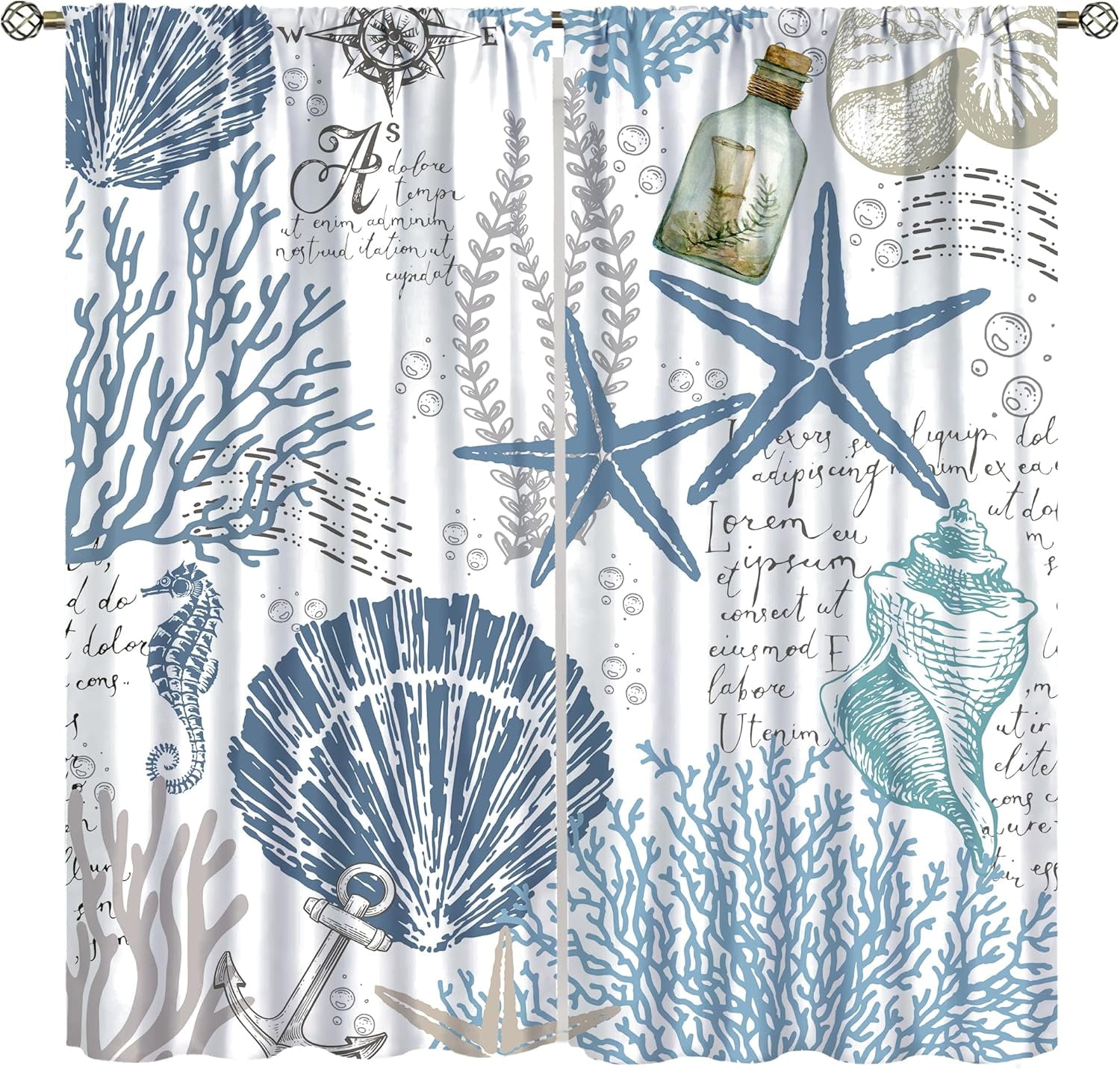 Nautical Ocean Beach Curtains,Blue Seashell Starfish Coral Coastal Cafe ...
