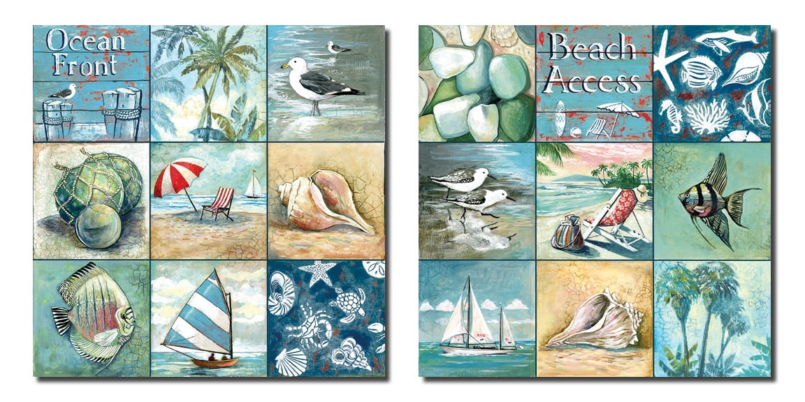 Nautical Ocean Collage Fish Palm Trees Birds Shells Sailboats; Two ...