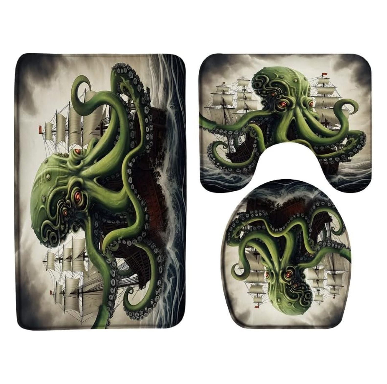 Nautical Octopus 3pcs Set Bath Mat Kraken Tentacles Ocean Animal ...