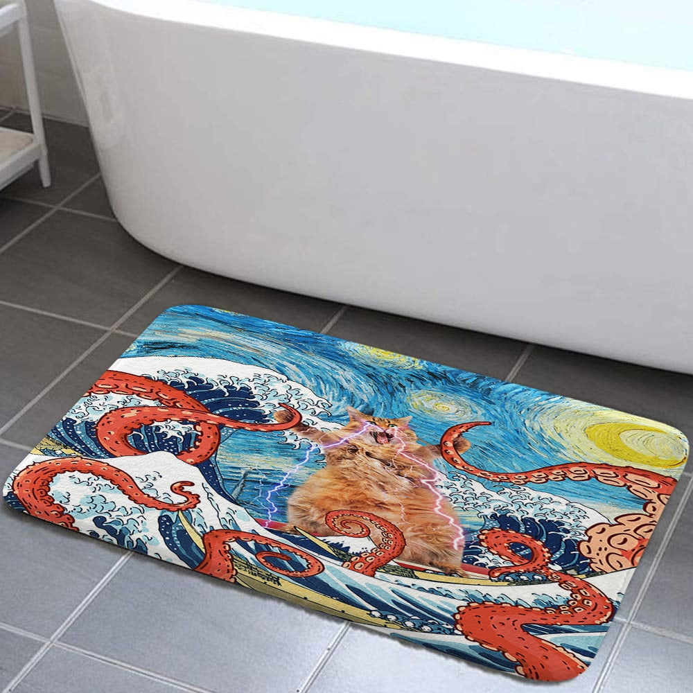 Nautical Octopus Bath Rugs, Cool Cats Ride on Blue Teal Ocean Bath Rugs ...