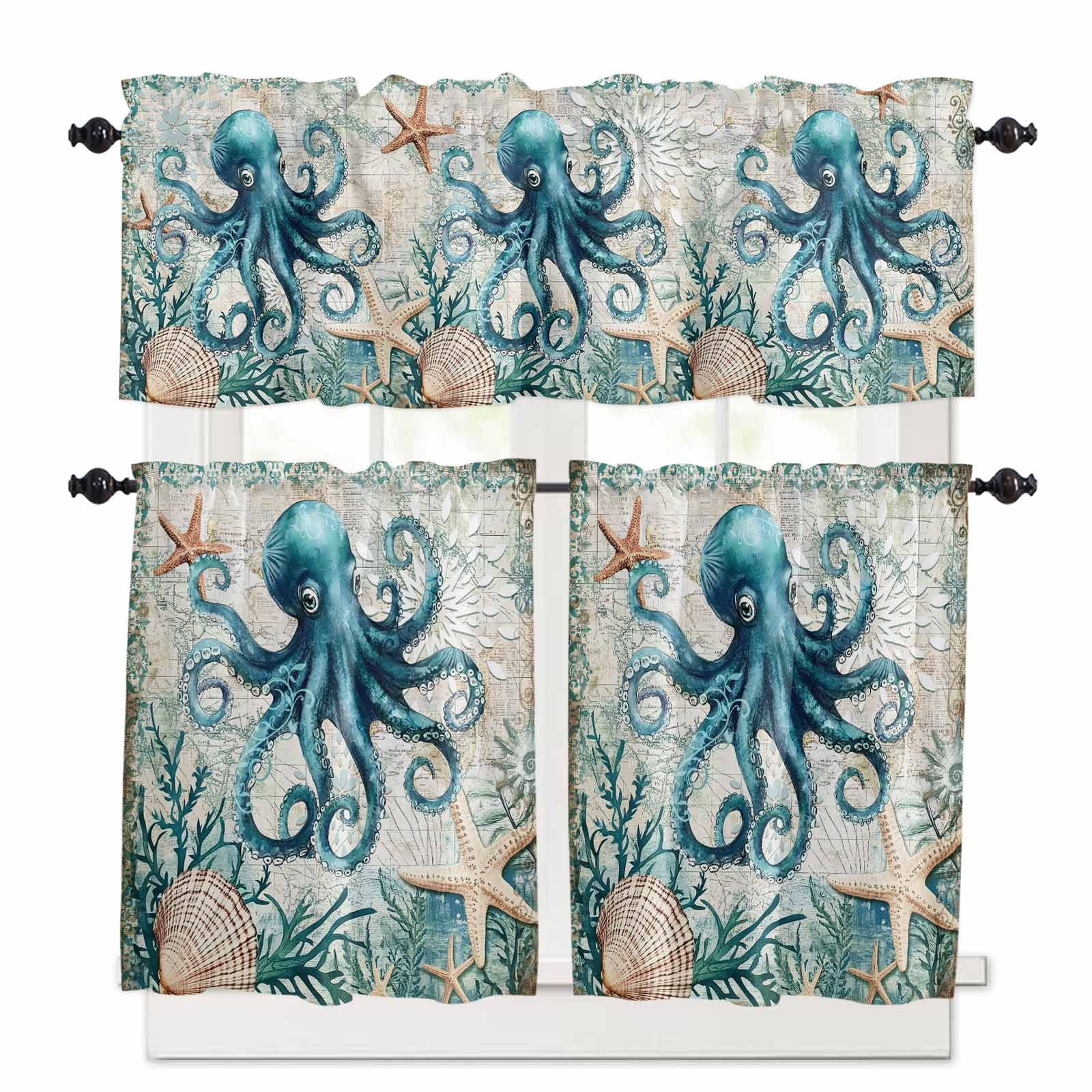 Nautical Octopus Kitchen Curtains Set for Windows 3 Pieces,36 Inch ...