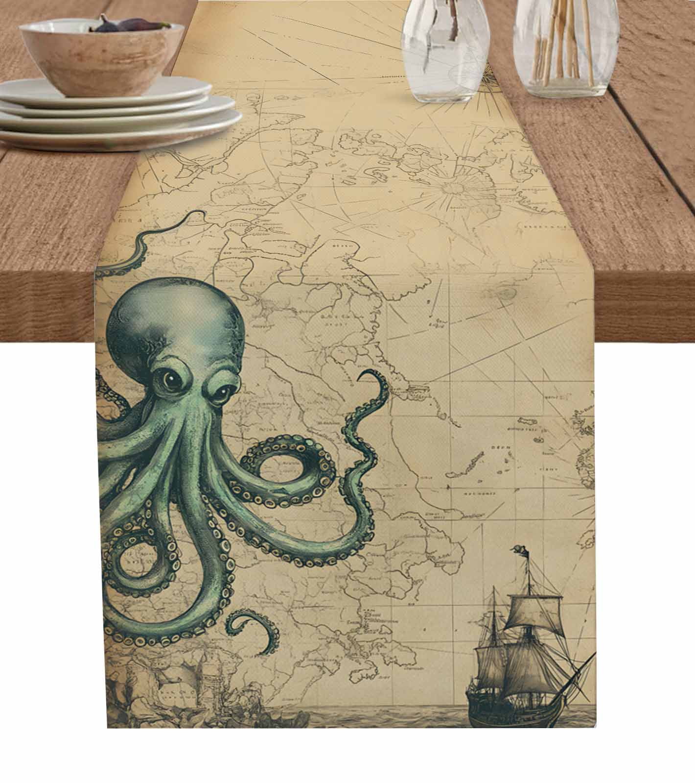 Nautical Octopus Table Runner 72 Inches, Medieval Retro Map Sailboat ...