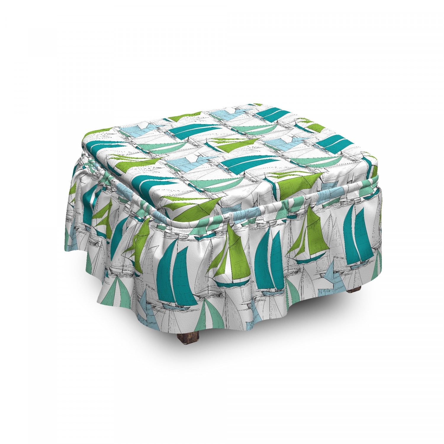 Nautical Ottoman Cover, Sailing Boat Theme, 2 Piece Slipcover Set with ...