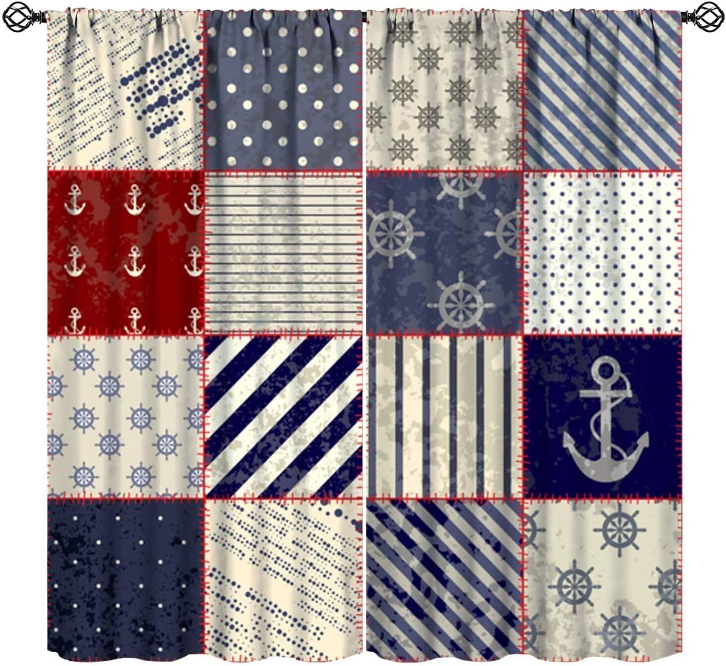 Nautical Patchwork Curtains Vintage Stripe Anchor Rudder Coastal Rustic ...