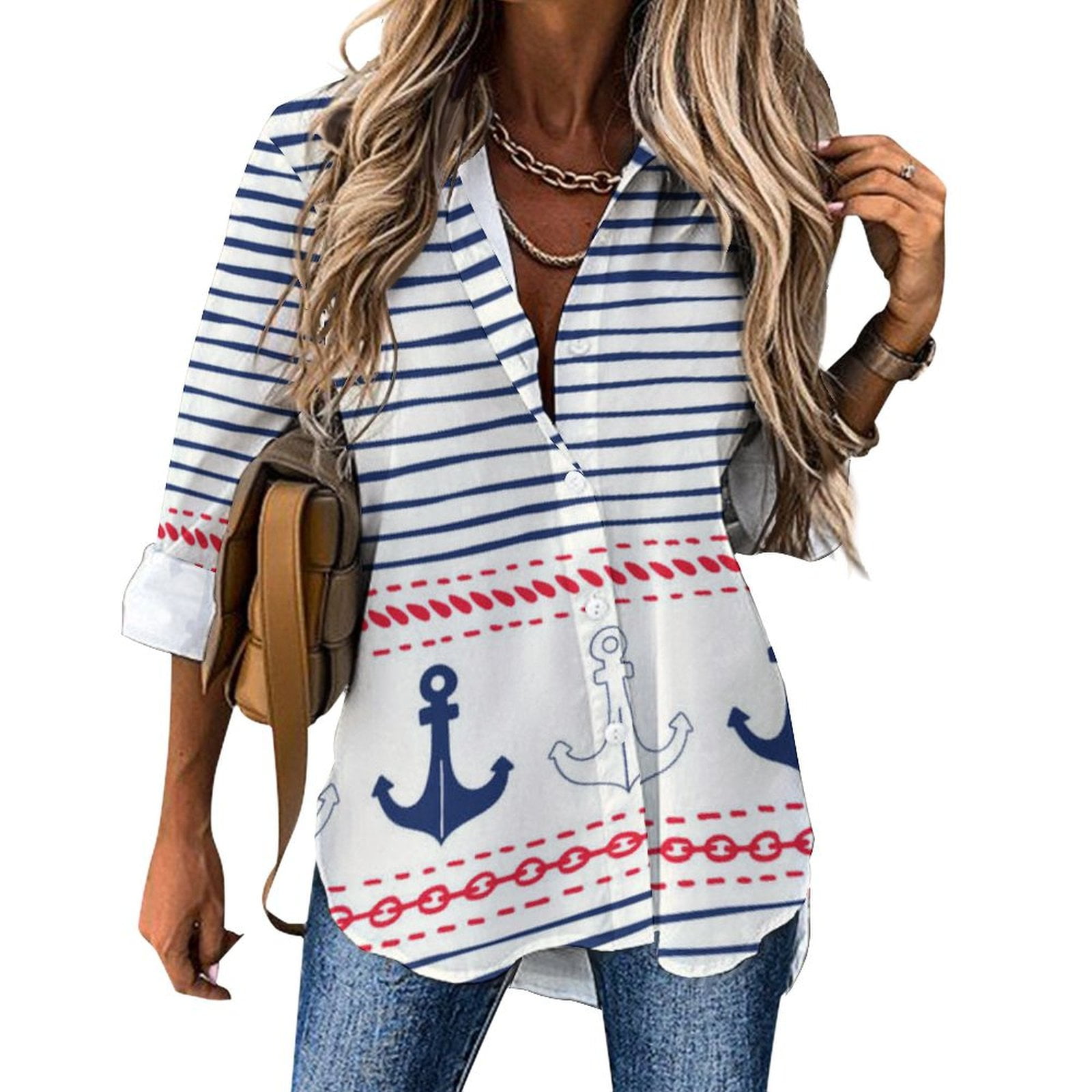 Nautical Pattern with Stripes And Anchors Women's Button Down Long ...
