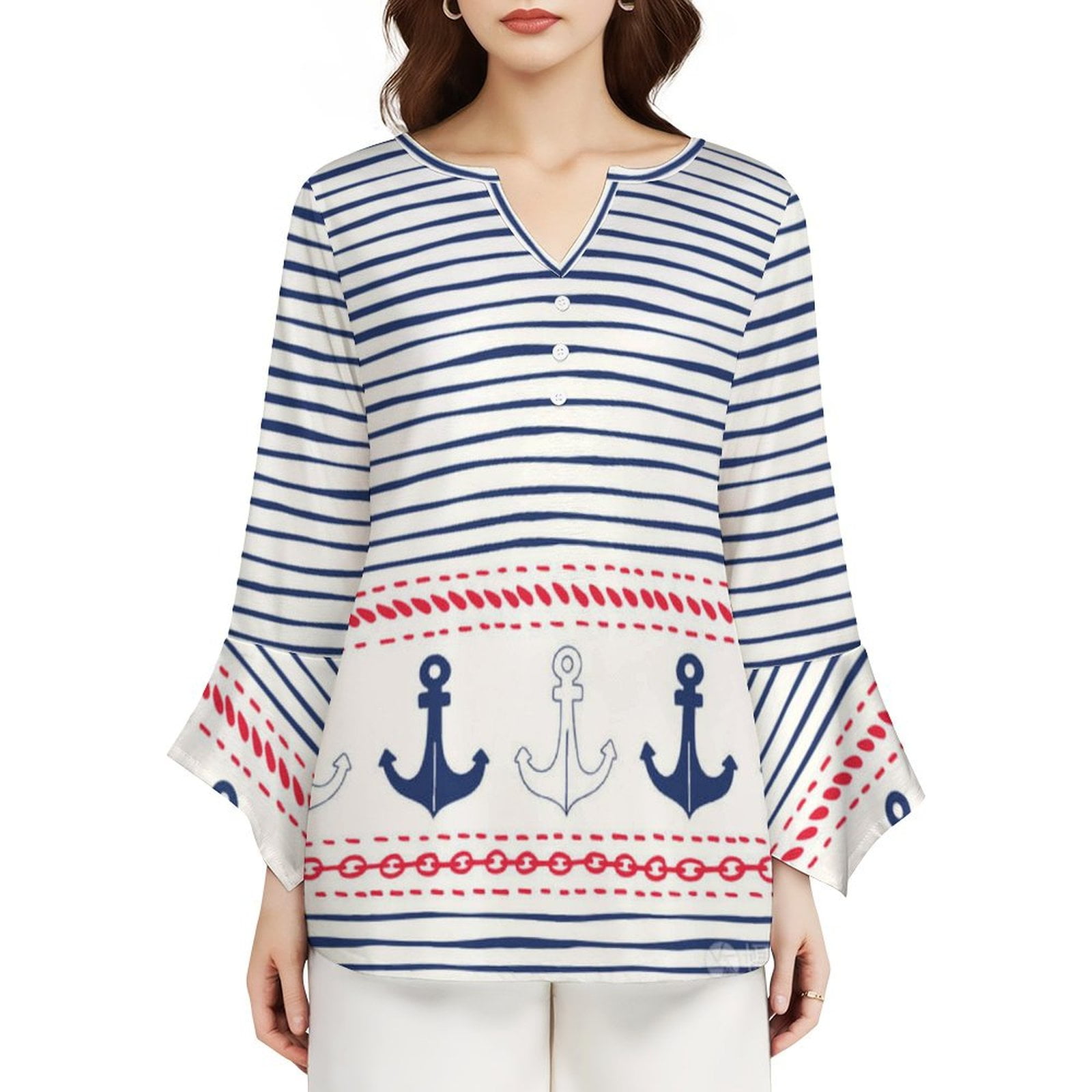 Nautical Pattern with Stripes And Anchors Women's Long Sleeve Loose T ...