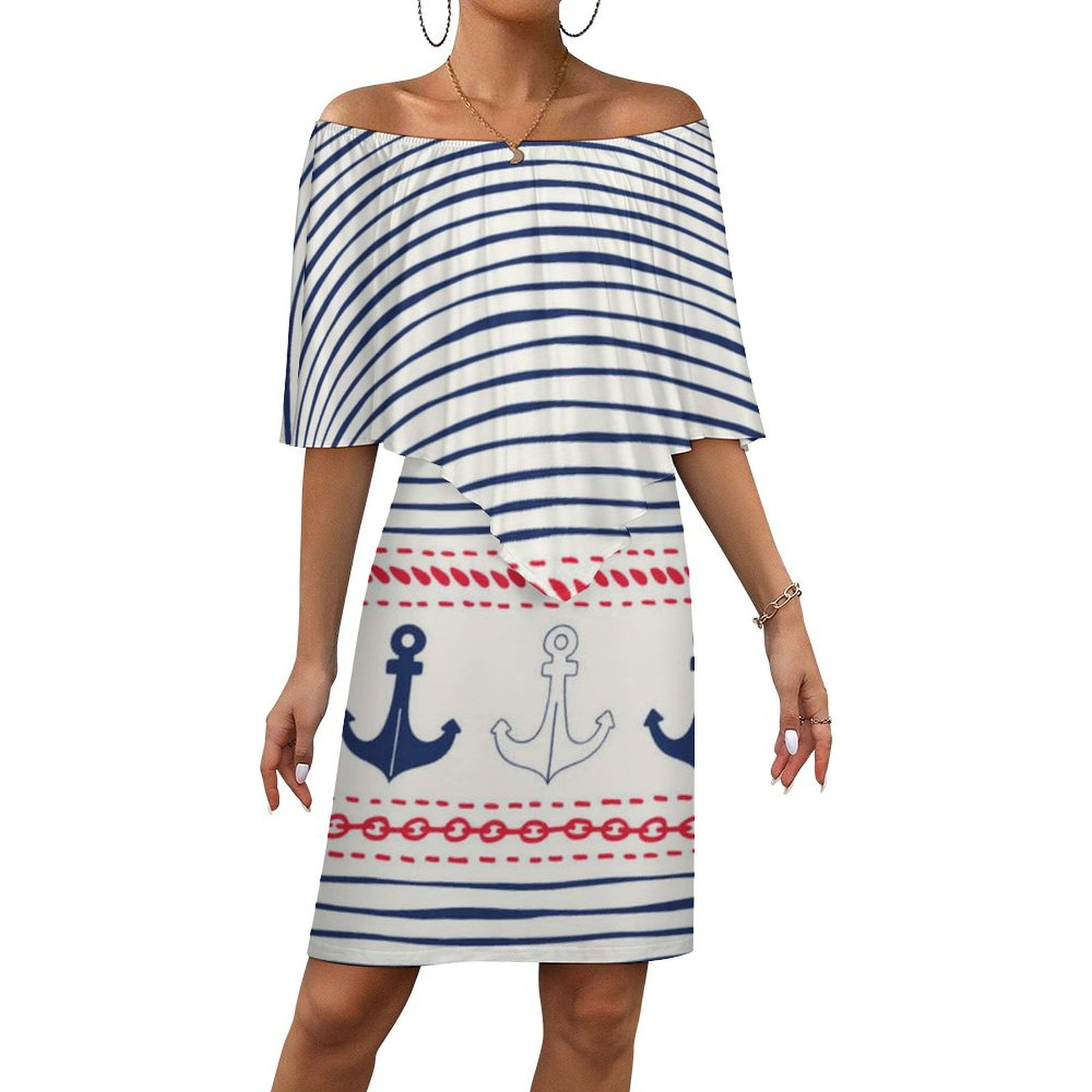 Nautical Pattern with Stripes And Anchors Women's Off The Shoulder ...