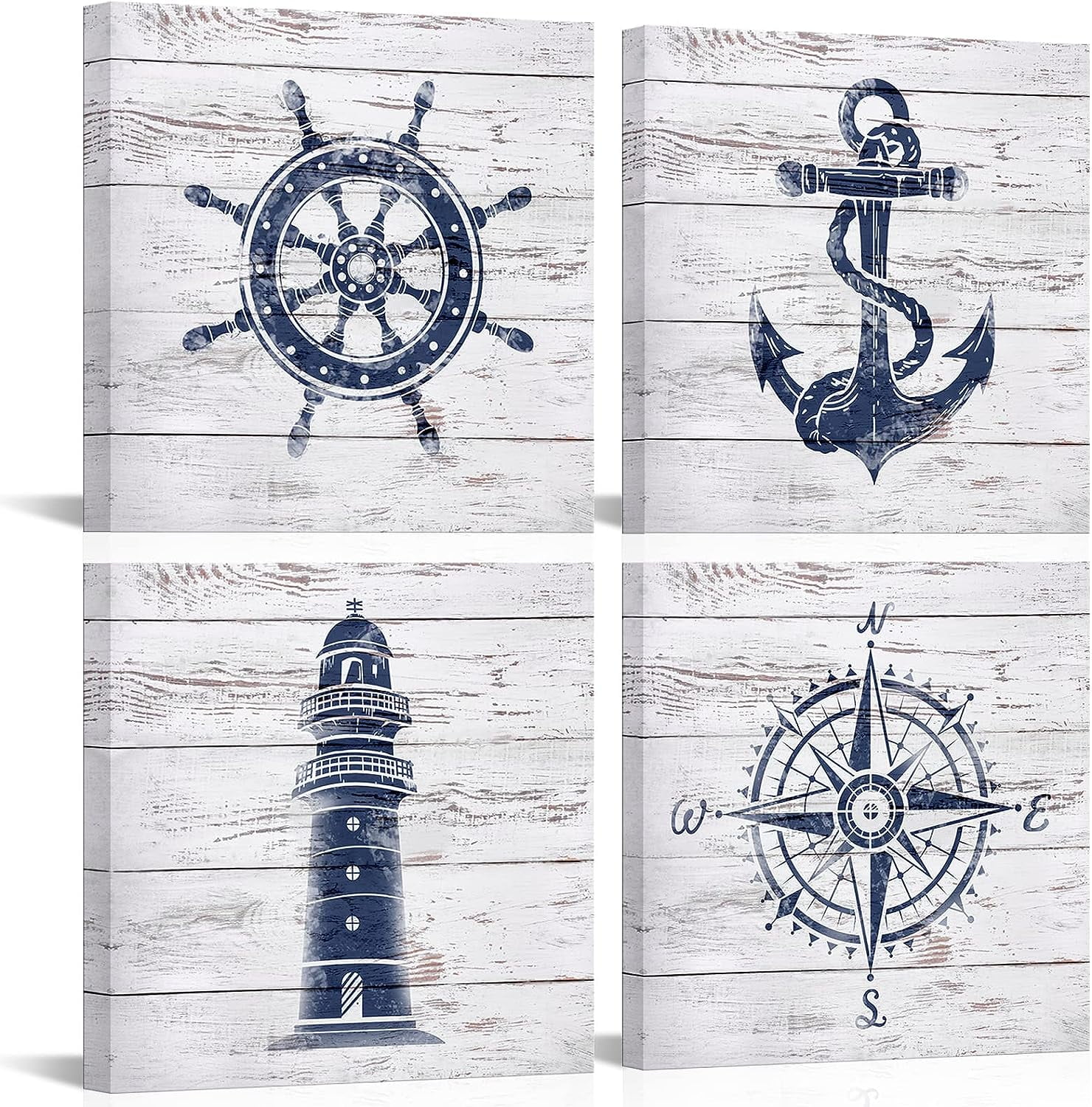 Nautical Pictures Navy and White Wall Art Framed Boat Painting Anchor ...