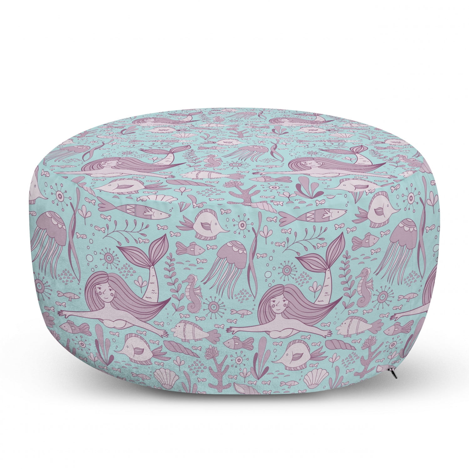 Nautical Pouf Cover with Zipper, Underwater Life Mermaid and Sea ...