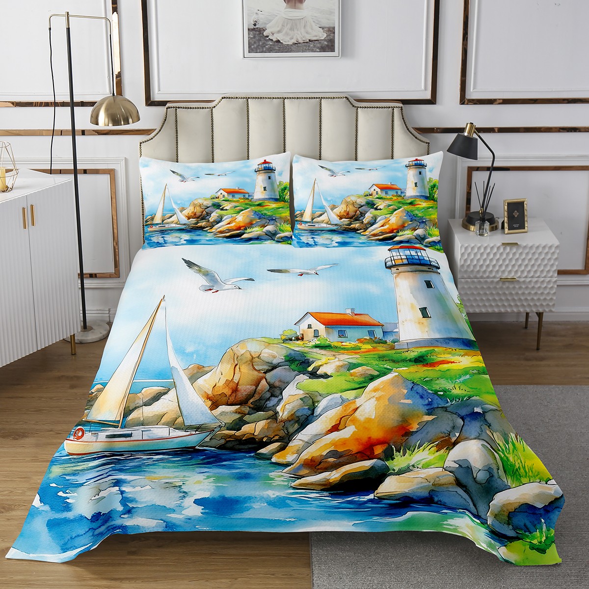 Nautical Quilt Set Queen Size,Sea Lighthouse Coverlet Set Seagull ...