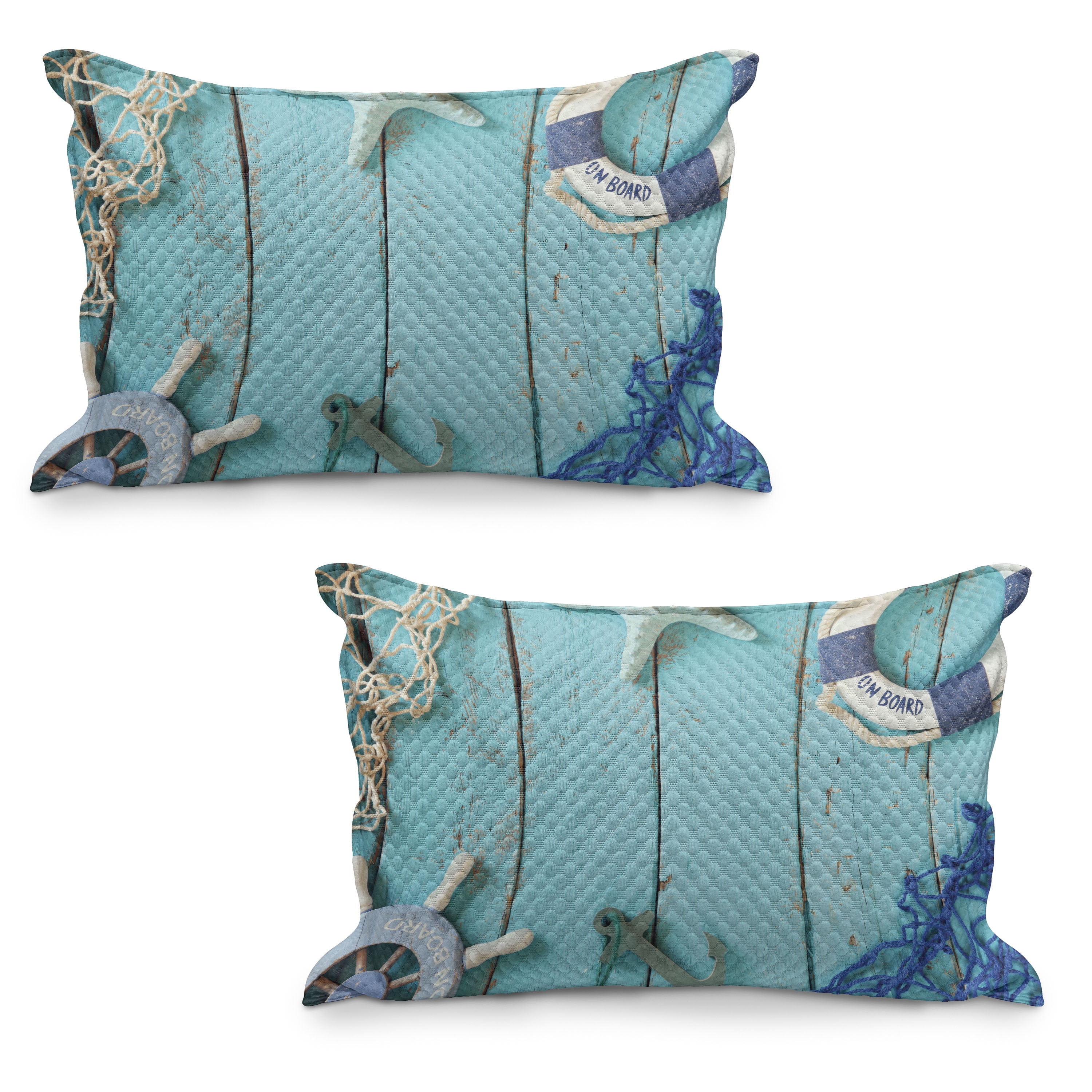 Nautical Quilted Pillowcover Set of 2, Nautical Lifestyle Theme Vintage Steering Wheel Stars Net ...
