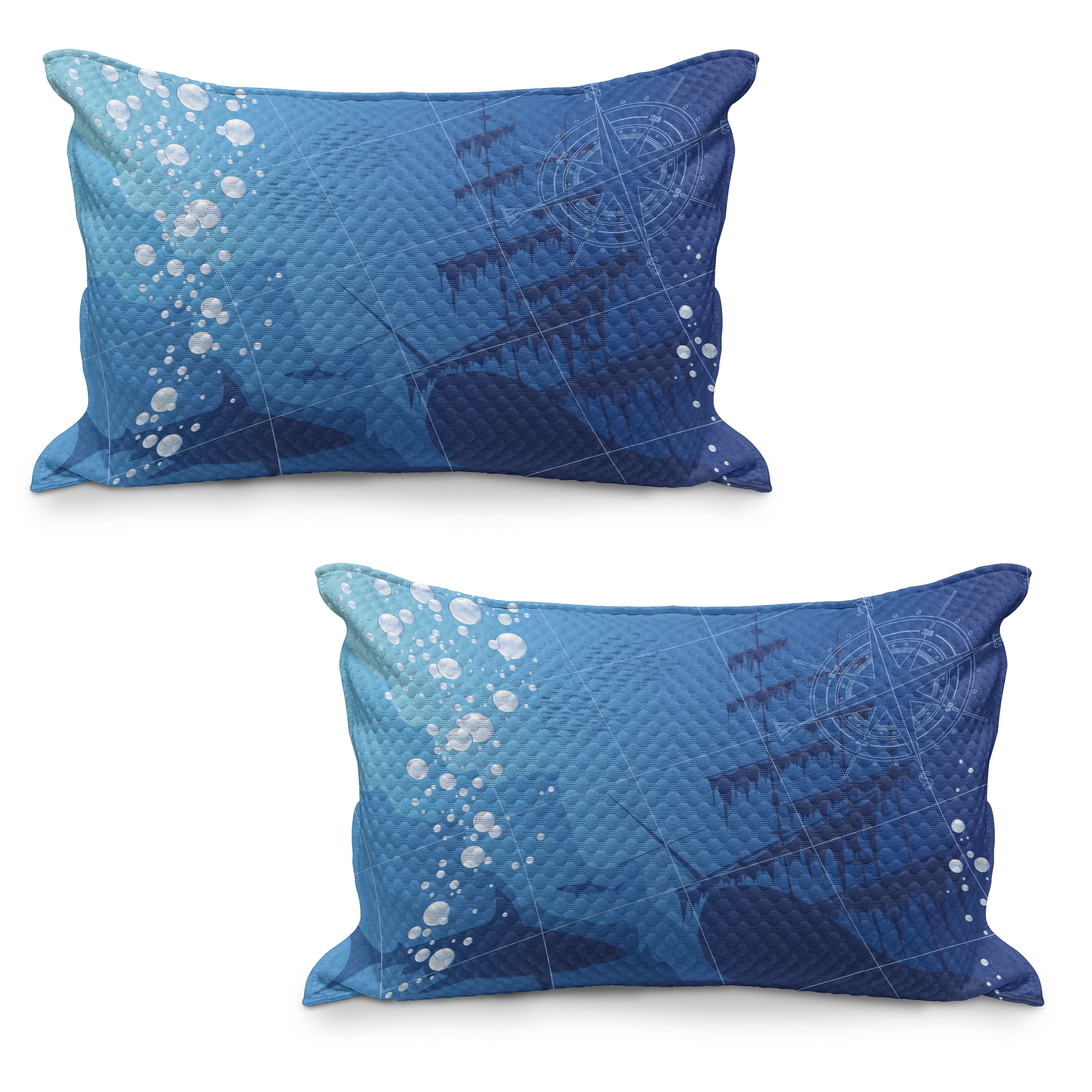Nautical Quilted Pillowcover Set of 2, Underwater Sharks Old Ship ...