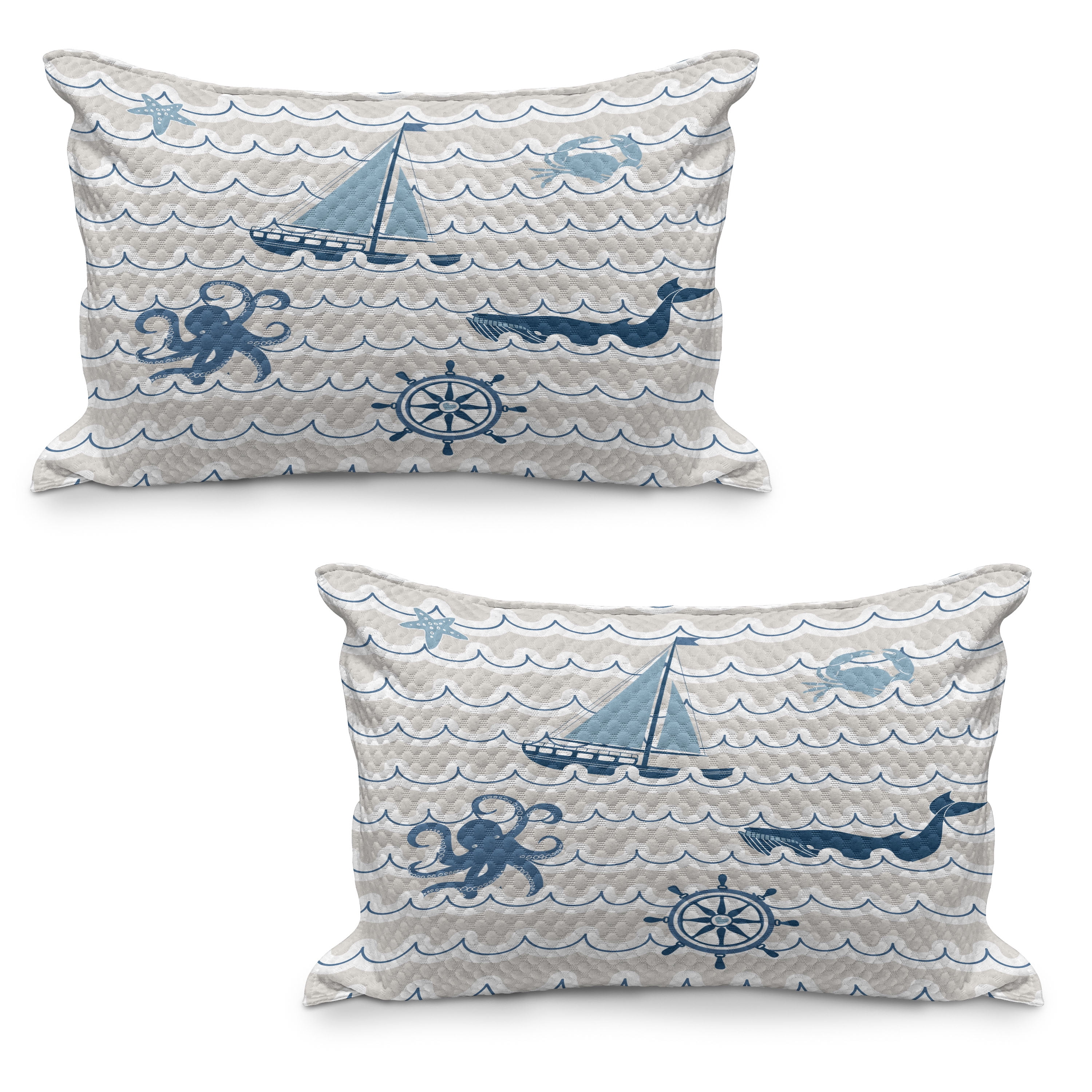 Nautical Quilted Pillowcover Set of 2, Wave Pattern Marine Elements ...