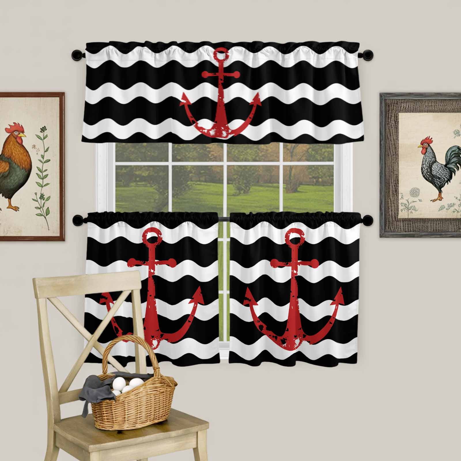 Nautical Red Anchor Ocean Curtain Tier and Valance Set 3 Piece, Retro ...