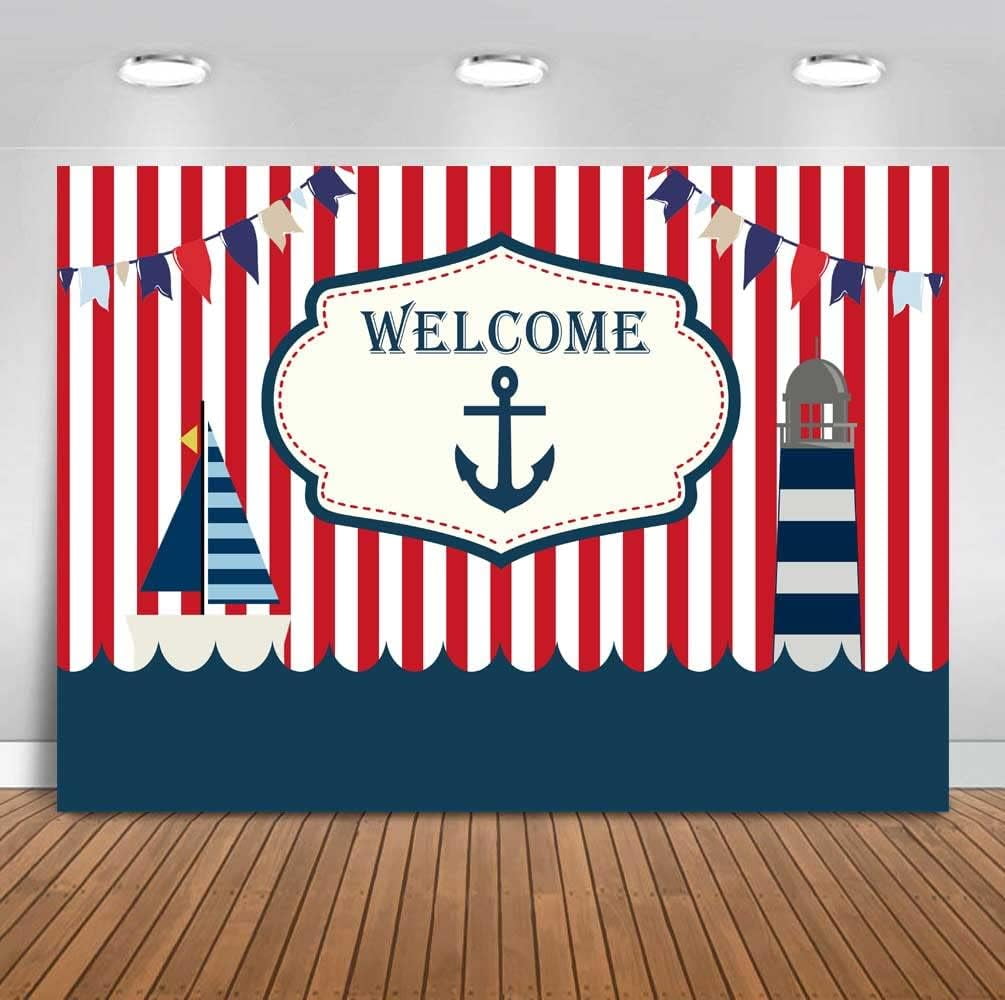 Nautical Red White Striped Photo Backdrop Ahoy Anchor Boat Boy Baby ...
