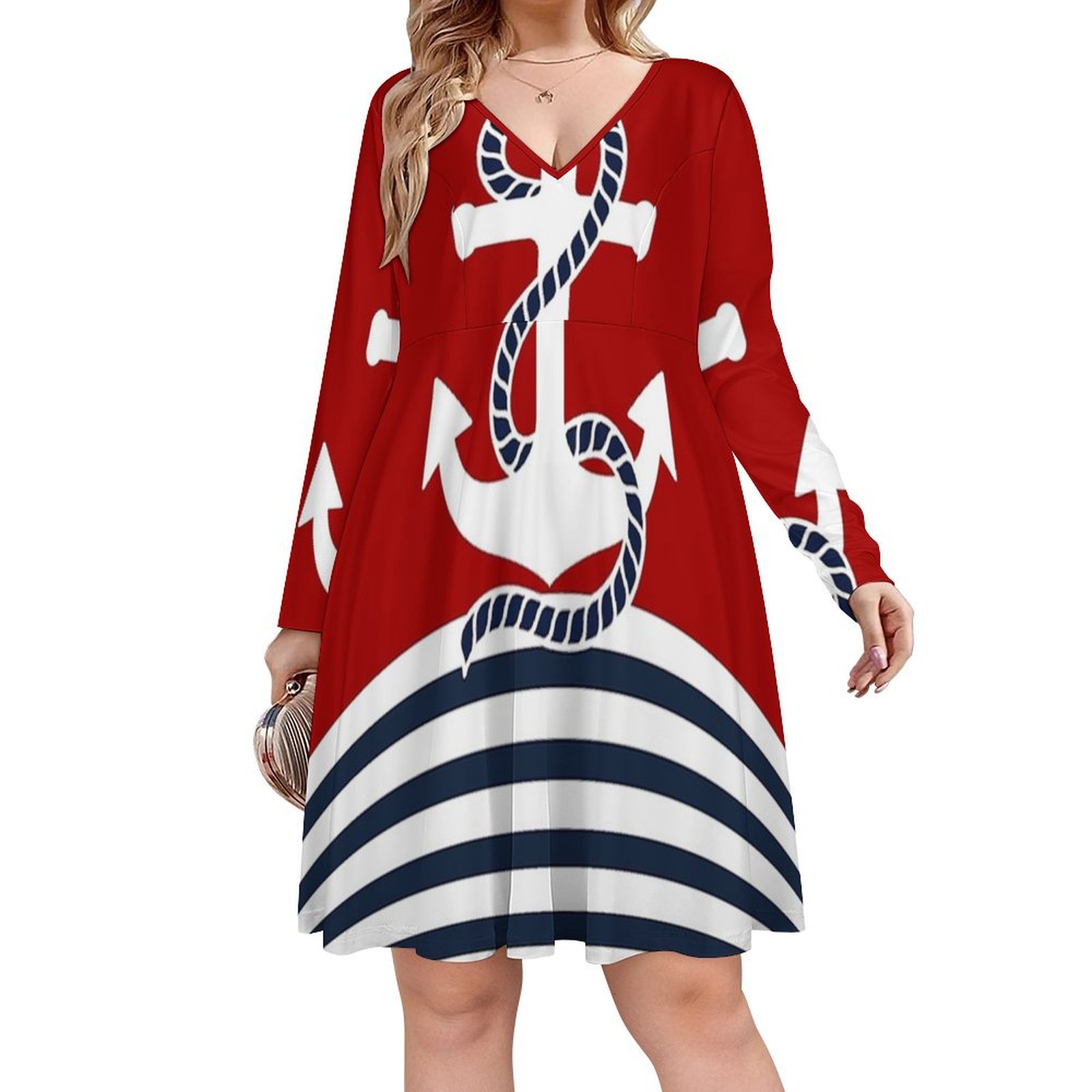 Nautical Red White Stripes And Blue Anchors on Red Background Long ...