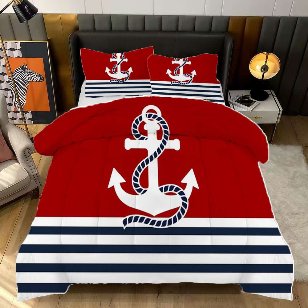 Nautical Red White Stripes And Blue Anchors On Red Background Comforter Set Queen Size Bedding ...