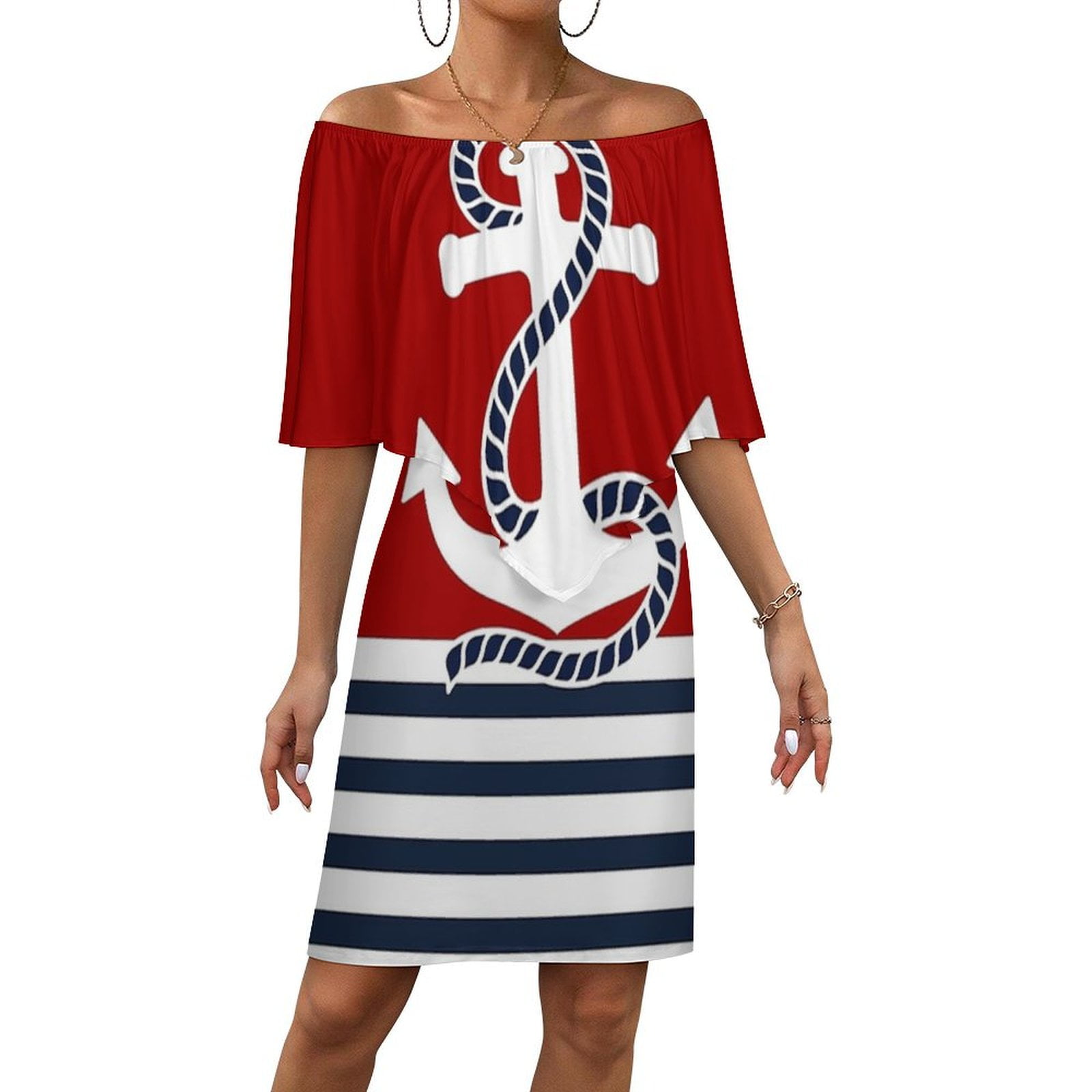 Nautical Red White Stripes And Blue Anchors on Red Background Women's ...