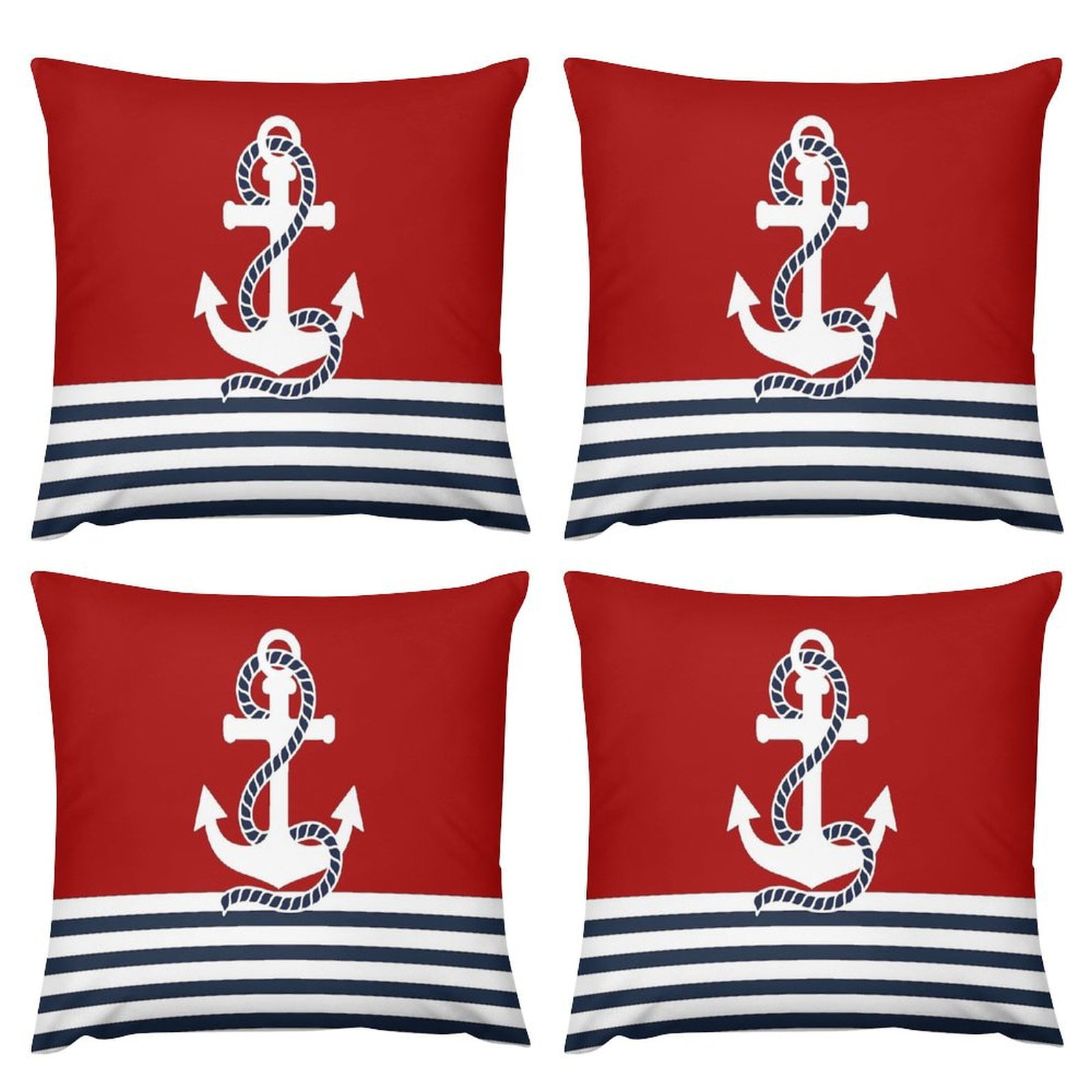 Nautical Red White Stripes And Blue Anchors on Red Background 4 Pcs ...