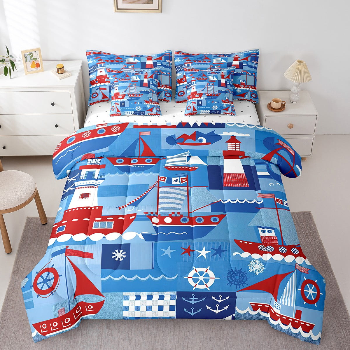 Nautical Retro Sailboat Comforter Set 7 Piece Bed in a Bag Twin,Submarine Boat Anchor Ocean ...