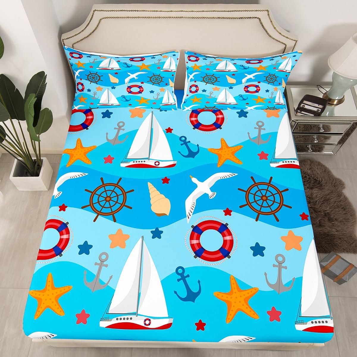 Nautical Retro Sailboat Fitted Sheet Steering Wheel Full Bed Sheets ...