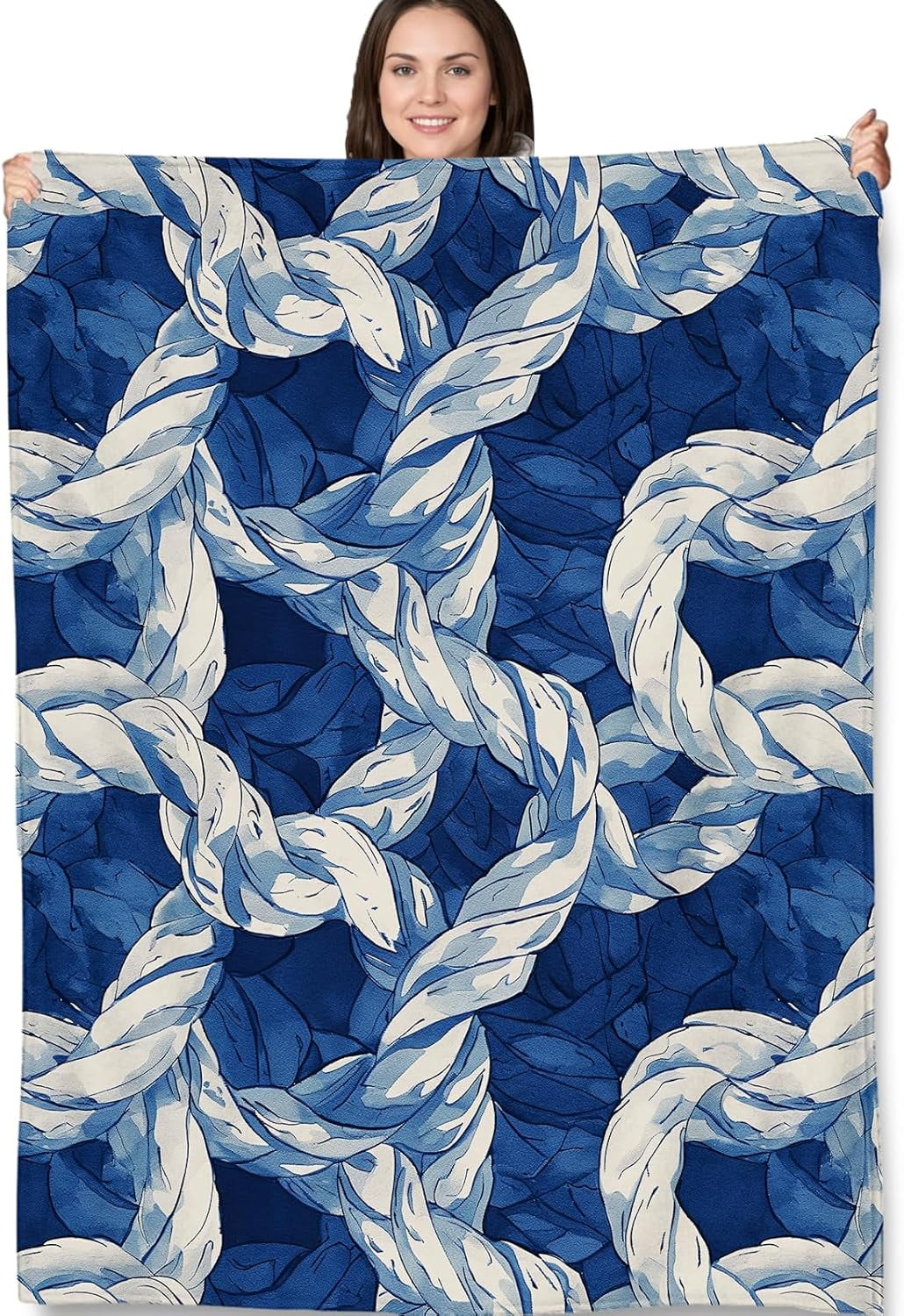 Nautical Rope Blanket - Soft Fleece Throw with Blue and White Rope ...