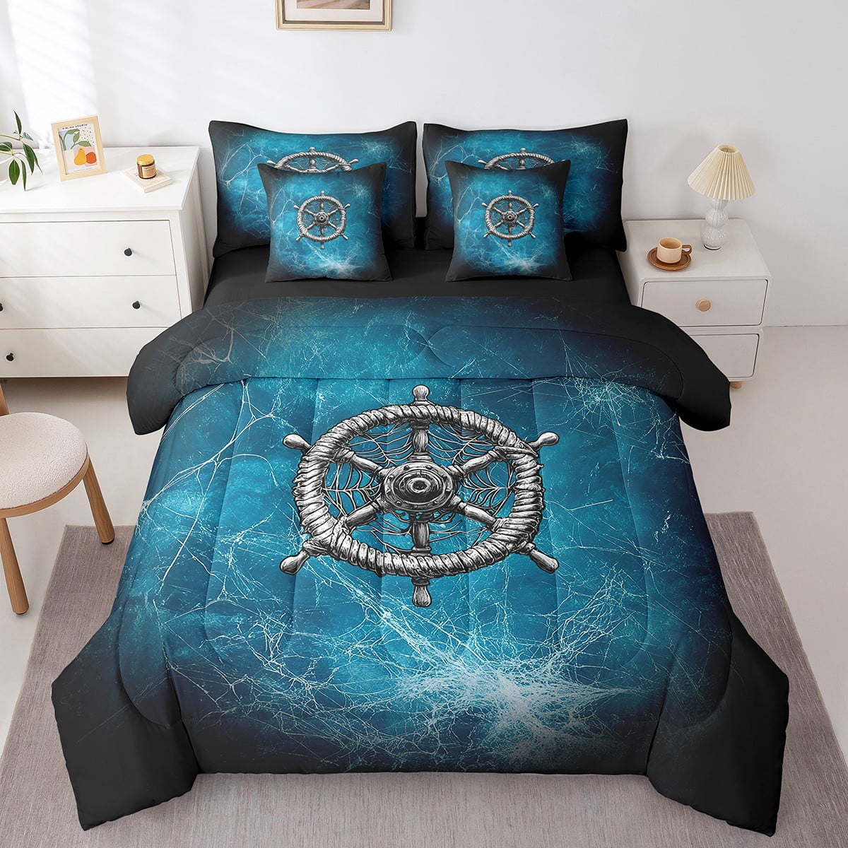 Nautical Rudder 7 Pieces Bedding Set Twin,Navigation Ocean Adventure ...