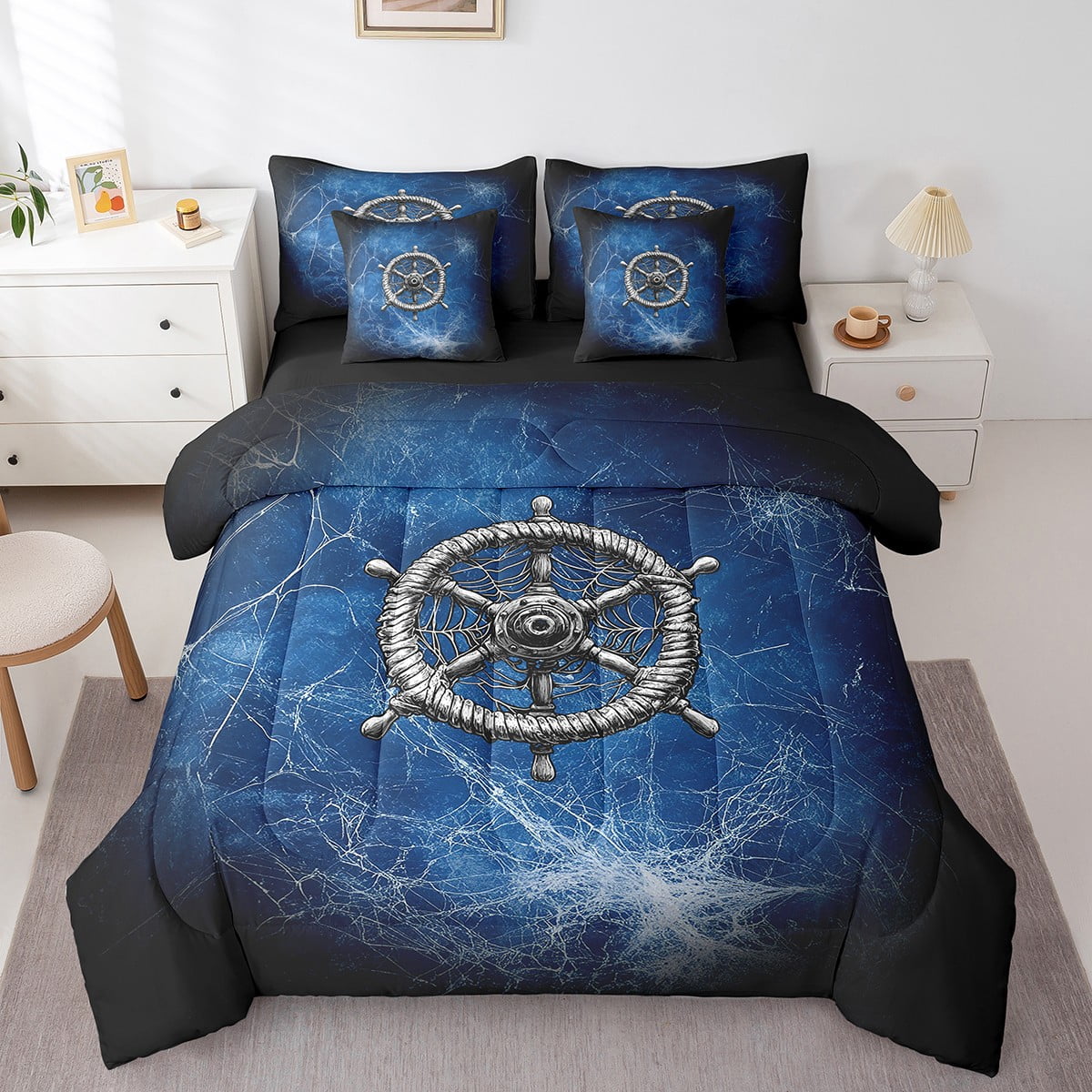 Nautical Rudder Twin Bedding Set 7 Pieces,Mystic Spider Web Trippy Blue ...