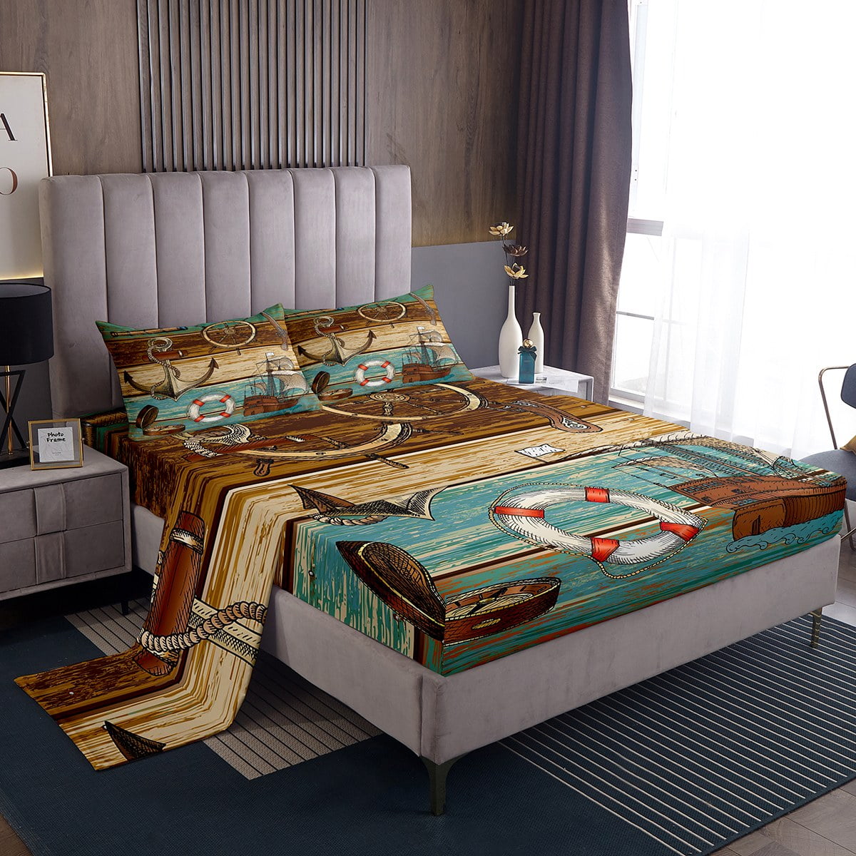 Nautical Sailboat Bed Sheets Set Steering Wheel Compass Full Sheet Set ...