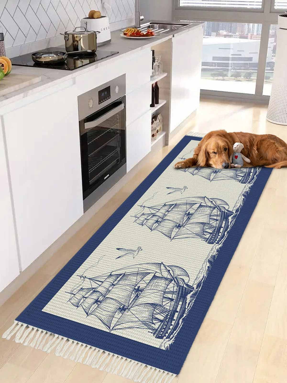 Nautical Sailboat Entryway Runner Rug 2x4ft,Navy Blue Ocean Seagull ...