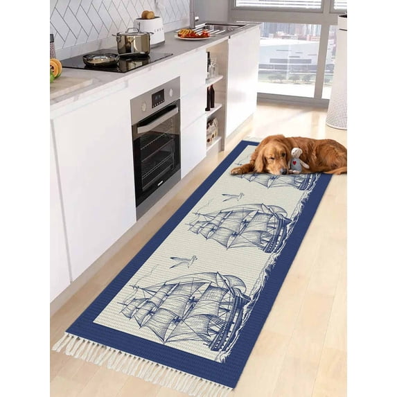Nautical Sailboat Entryway Runner Rug 2x4ft,Navy Blue Ocean Seagull ...