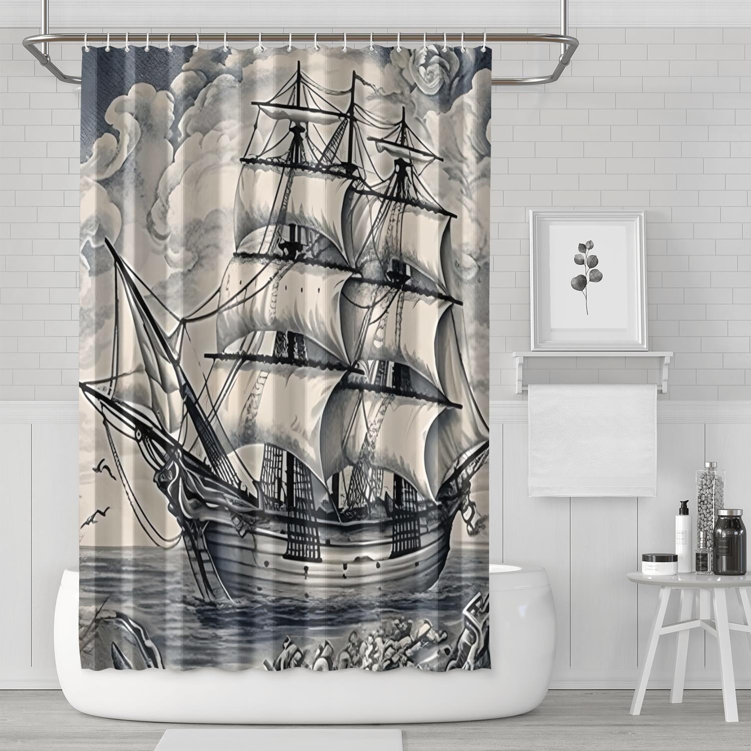 Nautical Sailboat Map Shower Curtains,Farmhouse Shower Curtains for ...