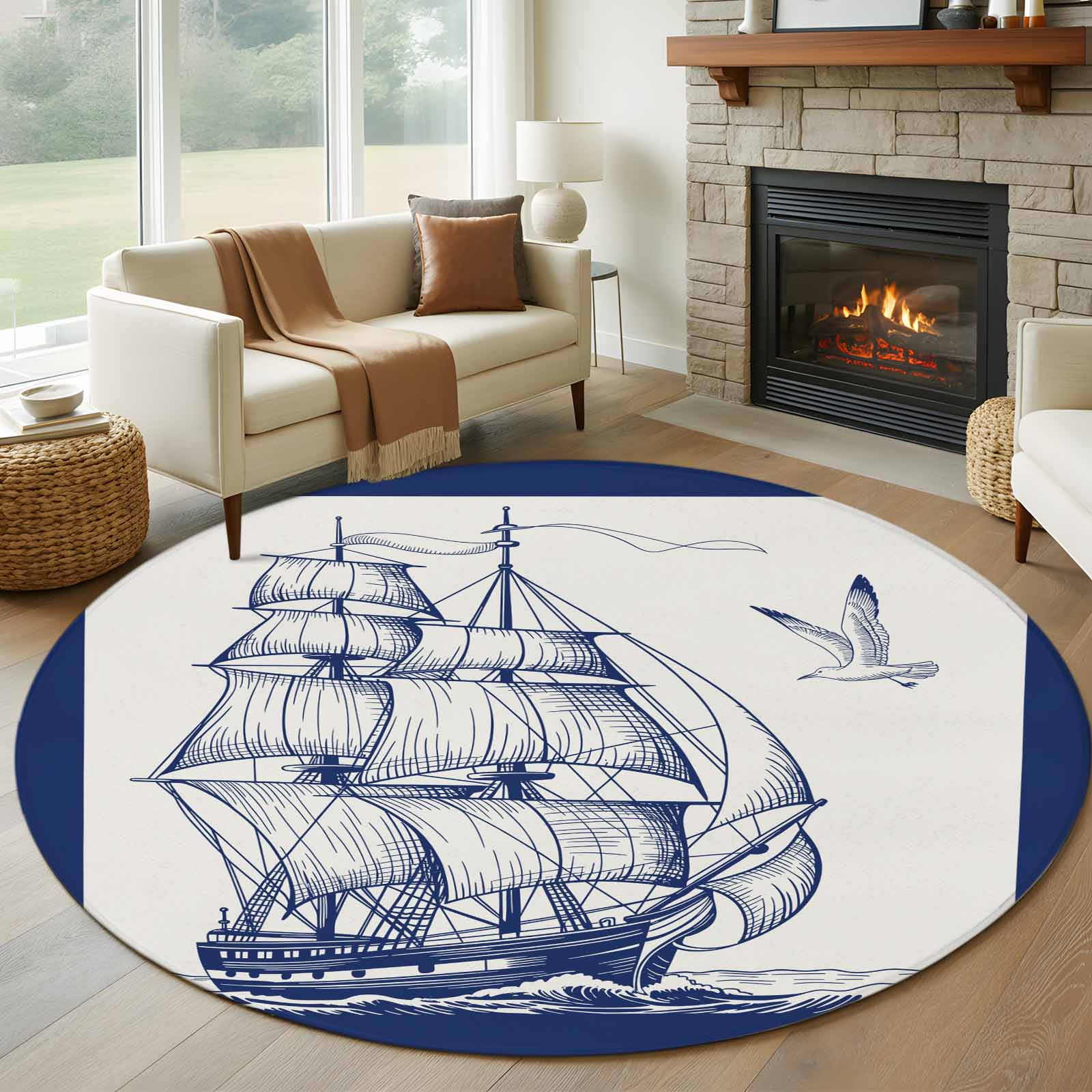 Nautical Sailboat Round Rug 5ft Washable Circle Kitchen Rugs Non Slip ...