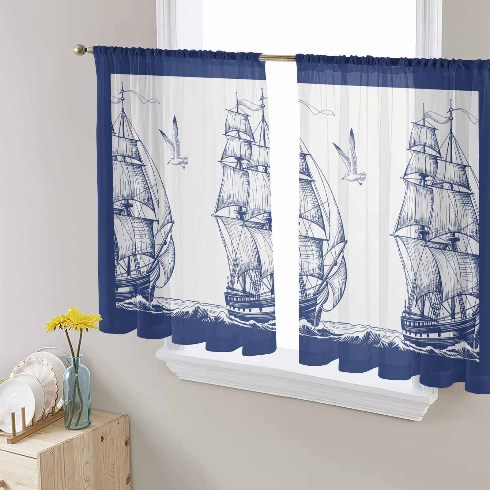 Nautical Sailboat Semi Sheer Curtains 45 Inch Length 2 Panels Set, Navy ...