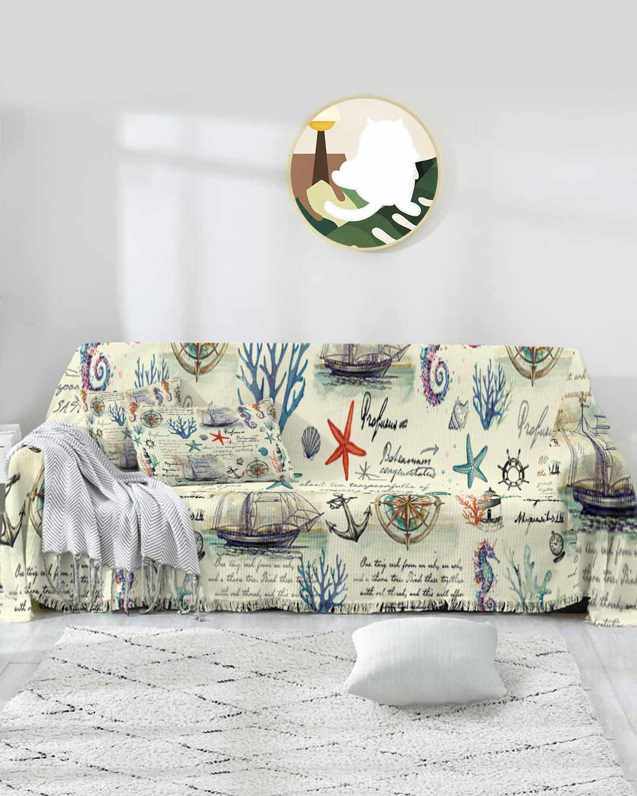 Nautical Sailboat Sofa Covers for 3 Cushion Couch,Washable Sectional ...