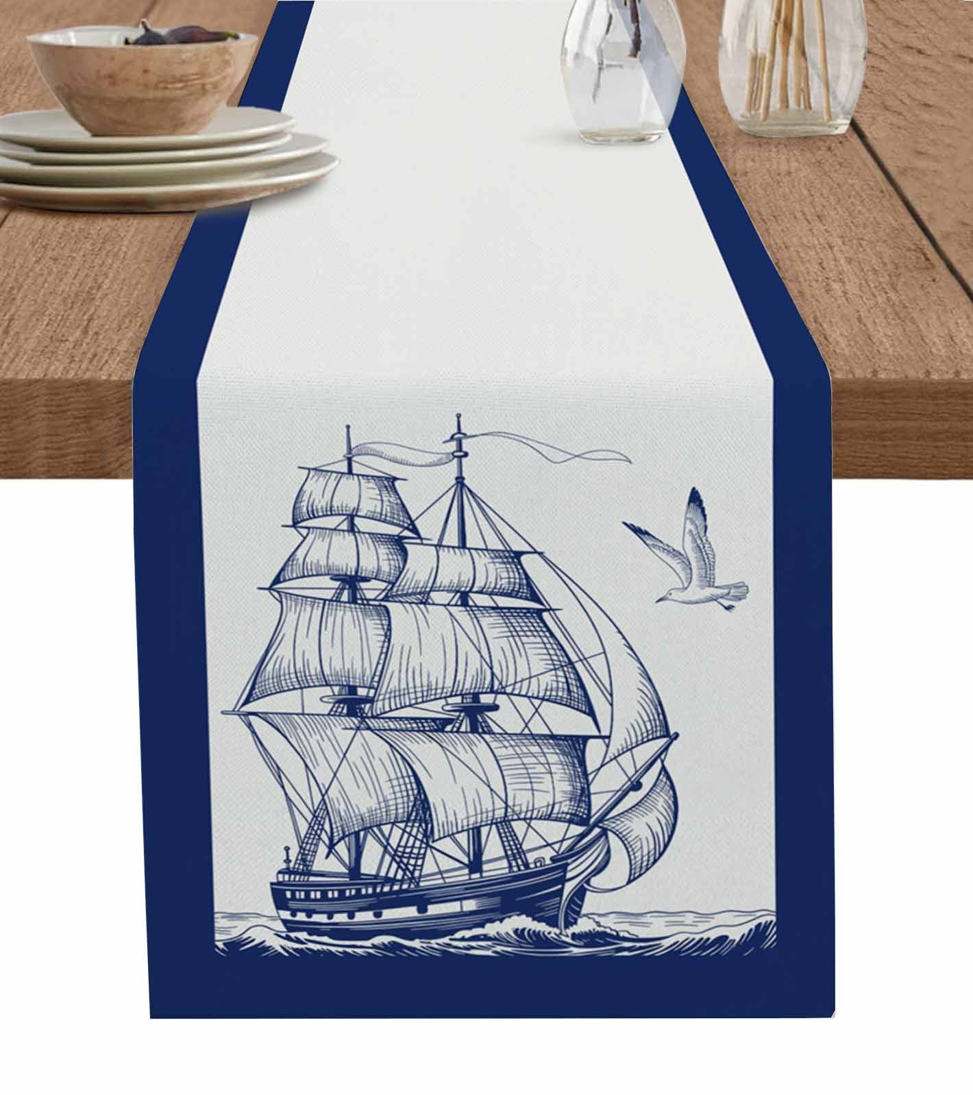 Nautical Sailboat Table Runner 70 Inches, Navy Blue Ocean Seagull Waves ...