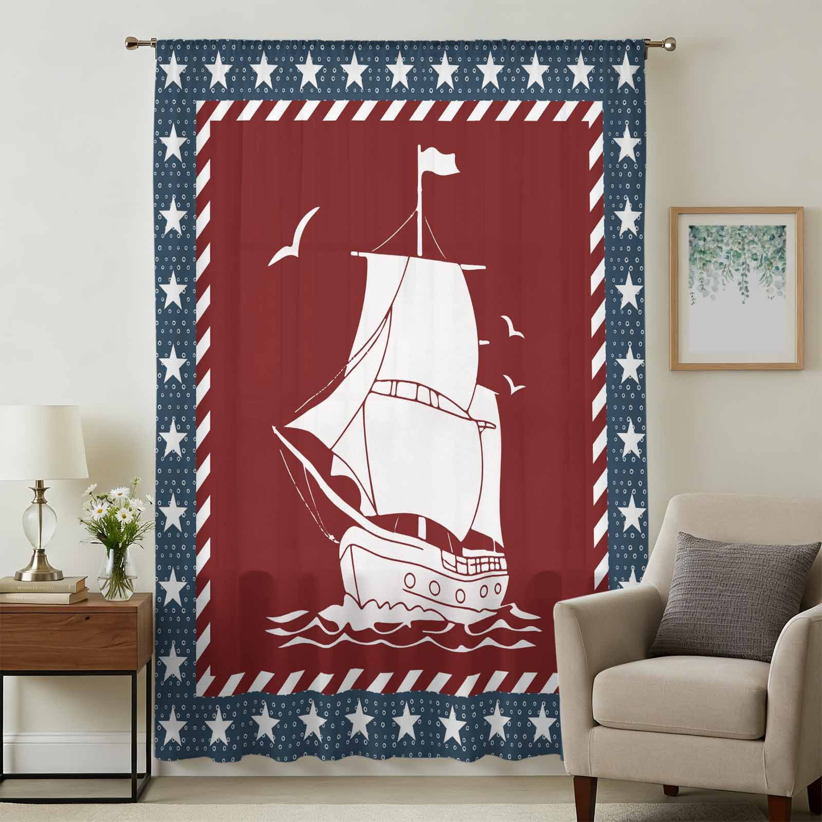 Nautical Sailing Sheer Curtains 108" Extra Long for Living Room, Red ...