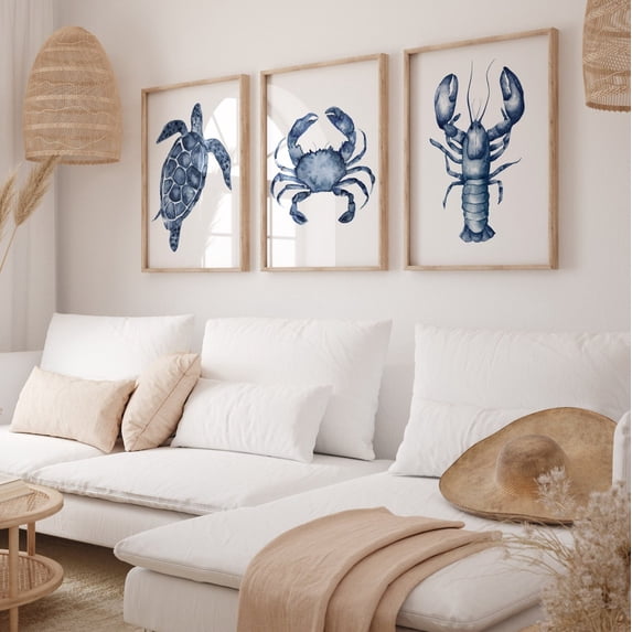 Nautical Sea Life Trio Navy Crab Lobster Turtle Set 3 Unframed Paper ...