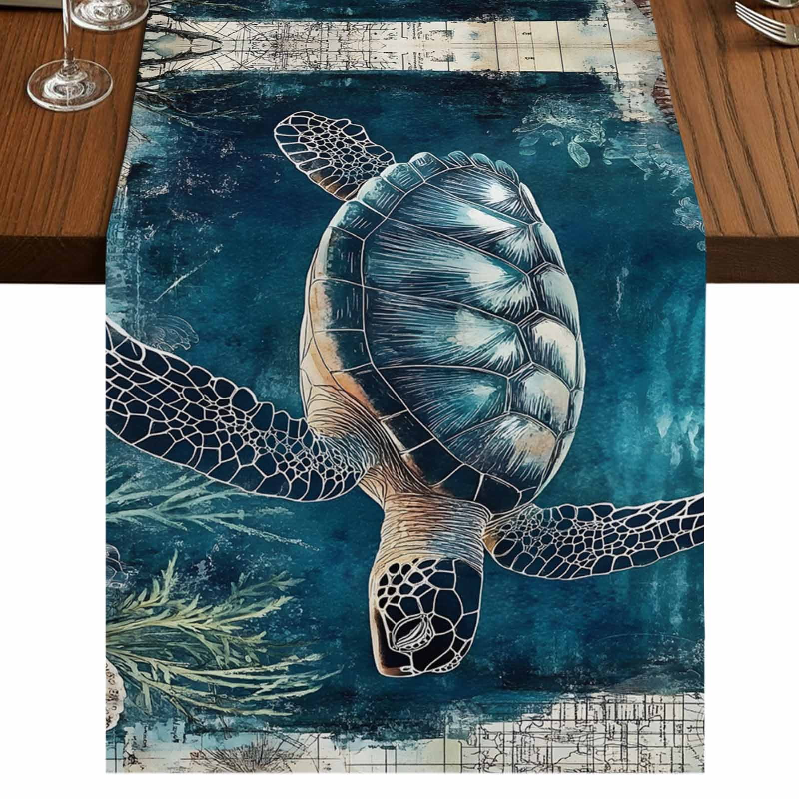 Nautical Sea Turtle 48 Inch Table Runner, Coastal Vintage Ocean Shells ...