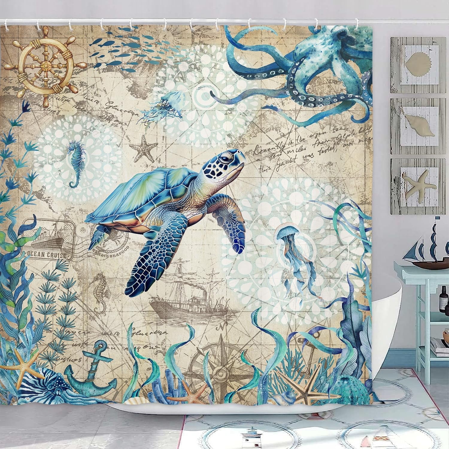 Nautical Sea Turtle Shower Curtain, Octopus Ocean Teal Fish Animal ...
