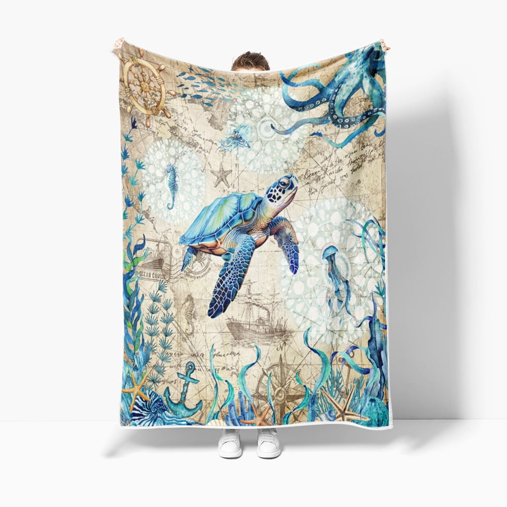 Nautical Sea Turtle Throw Blanket, Octopus Ocean Teal Fish Animal ...