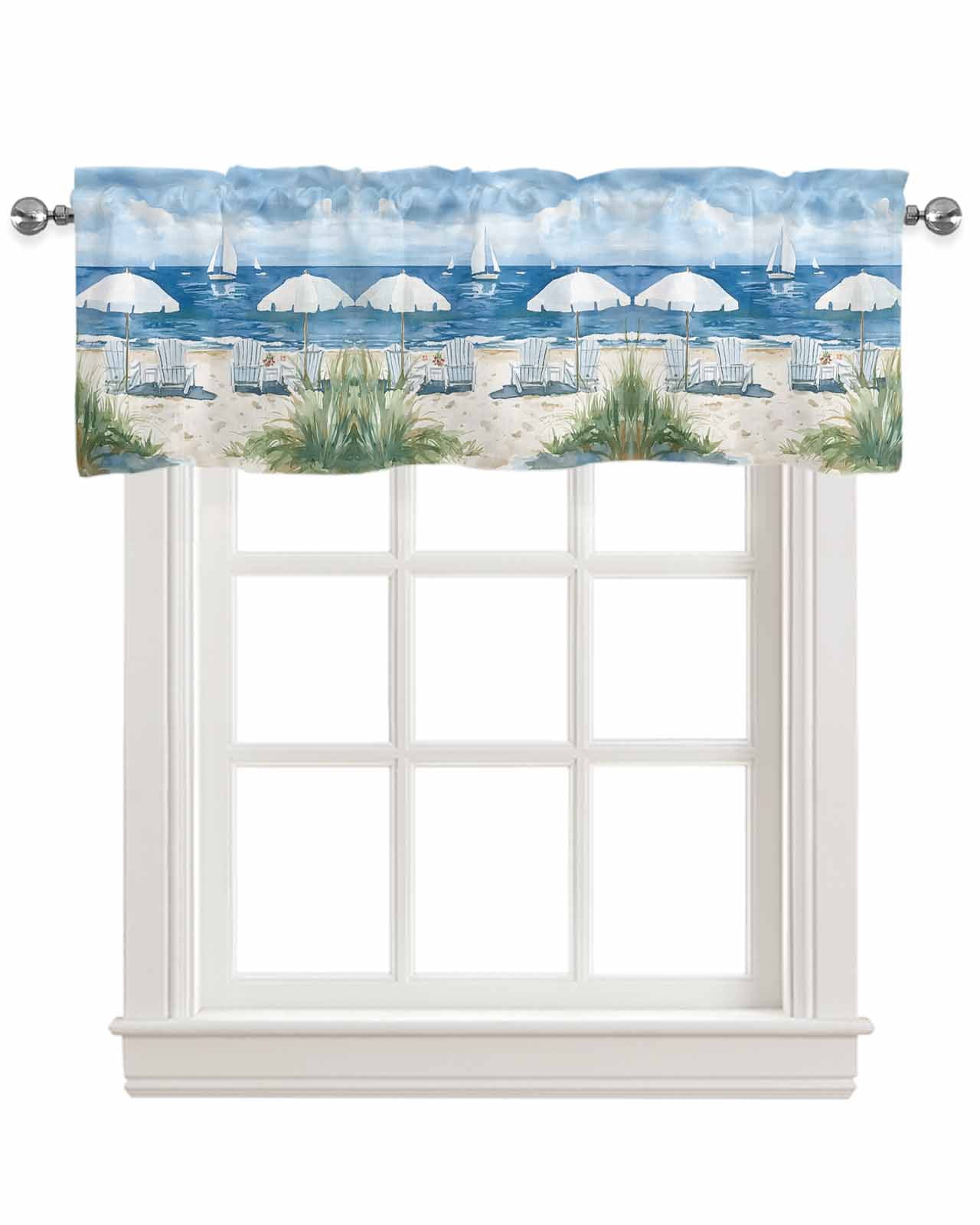 Nautical Sea Wave Blue Kitchen Valances for Windows Farmhouse Linen ...