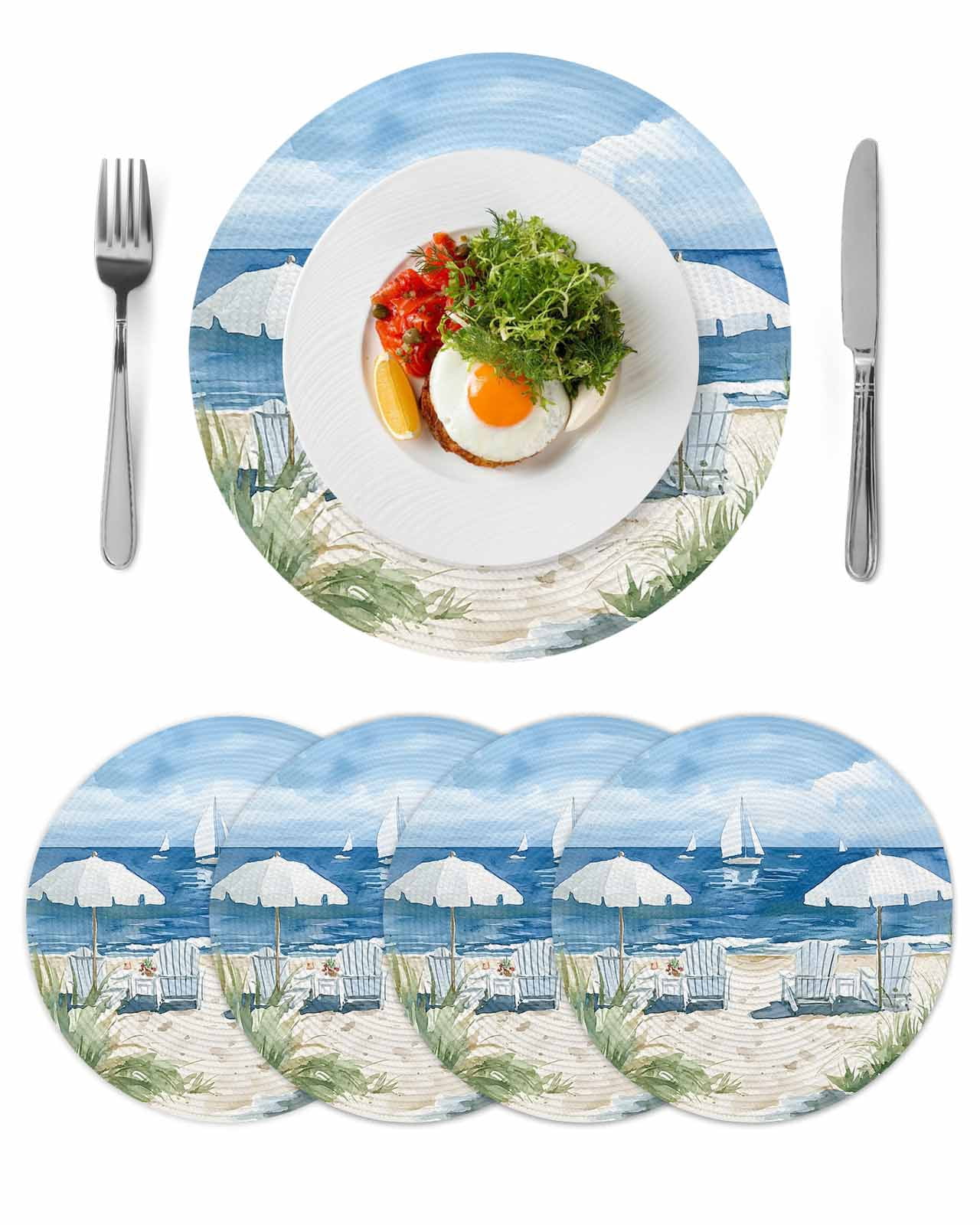 Nautical Sea Wave Blue Round 13 Inch Placemats Set of 4, Ocean Coastal ...
