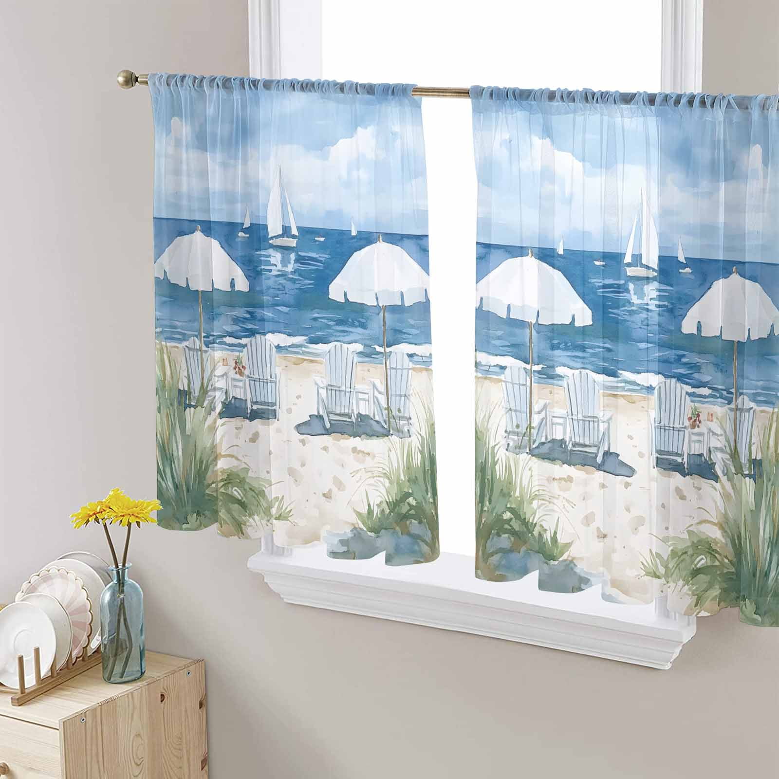 Nautical Sea Wave Blue Sheer Curtains 45 Inch Length 2 Panels Set for ...
