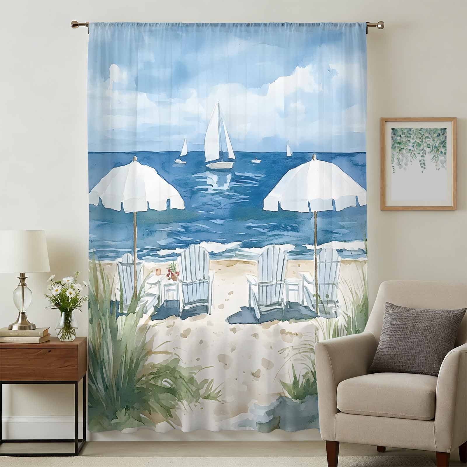 Nautical Sea Wave Blue Sheer Curtains 54 Inches Long, Ocean Coastal ...