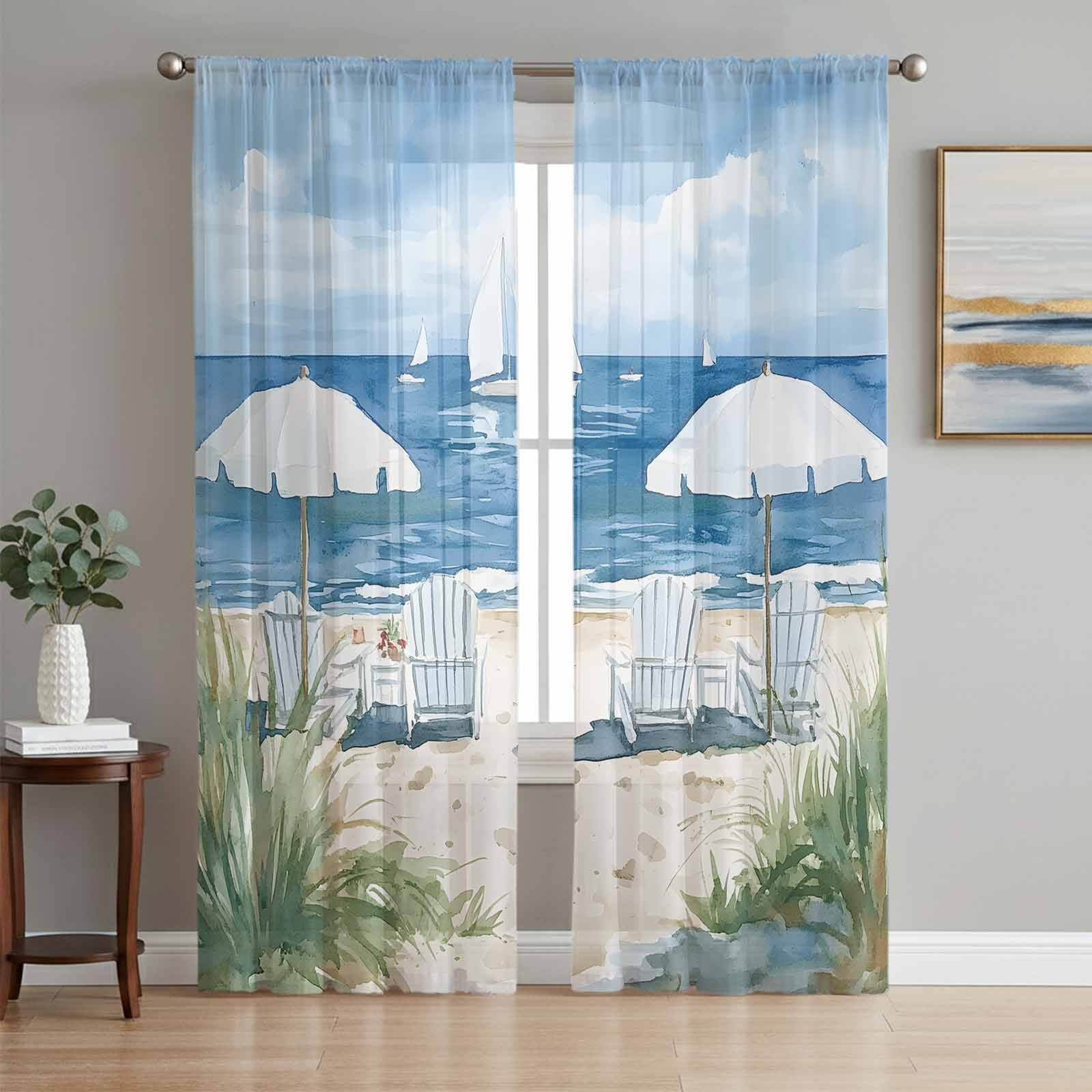 Nautical Sea Wave Blue Sheer Curtains 63 Inch Length 2 Panels Set ...