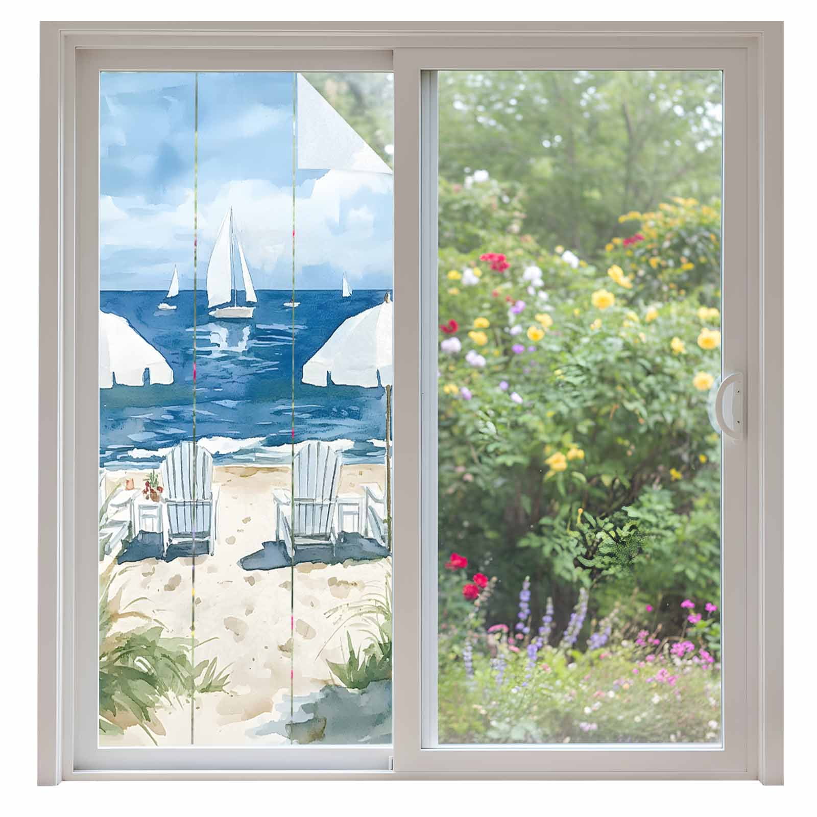 Nautical Sea Wave Blue Window Privacy Film, Ocean Coastal Beach Plant ...