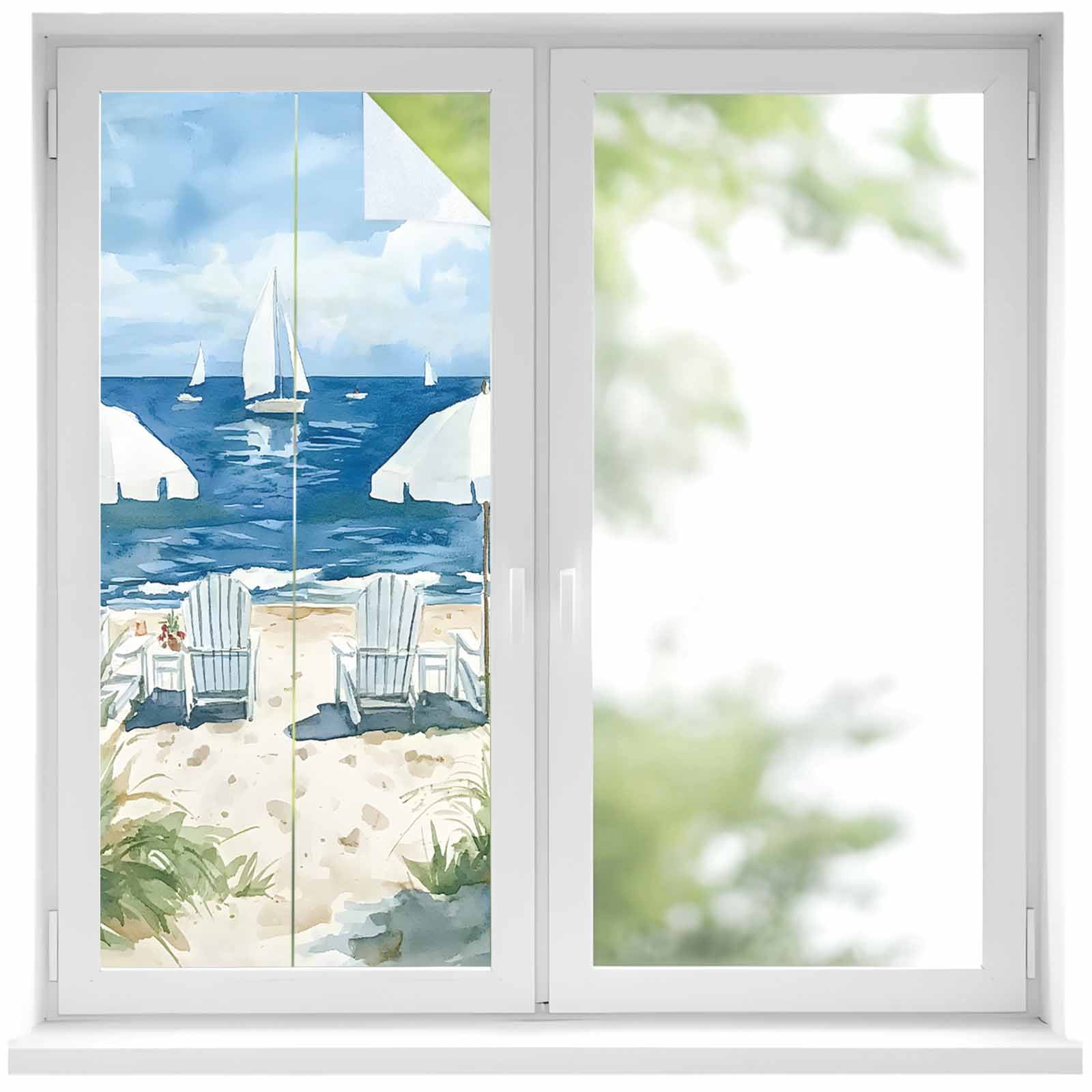 Nautical Sea Wave Blue Window Privacy Film, Ocean Coastal Beach Plant ...